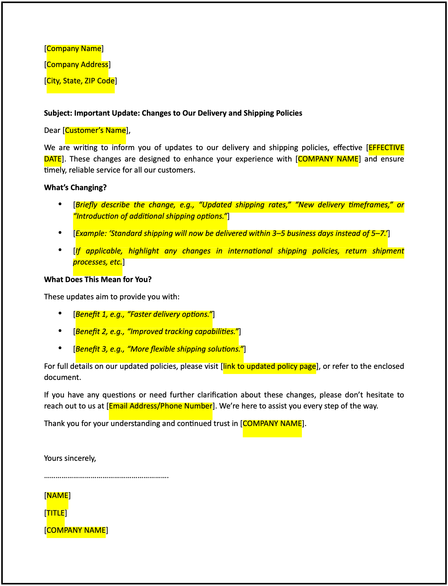 Letter of changes to delivery or shipping policies: Free template