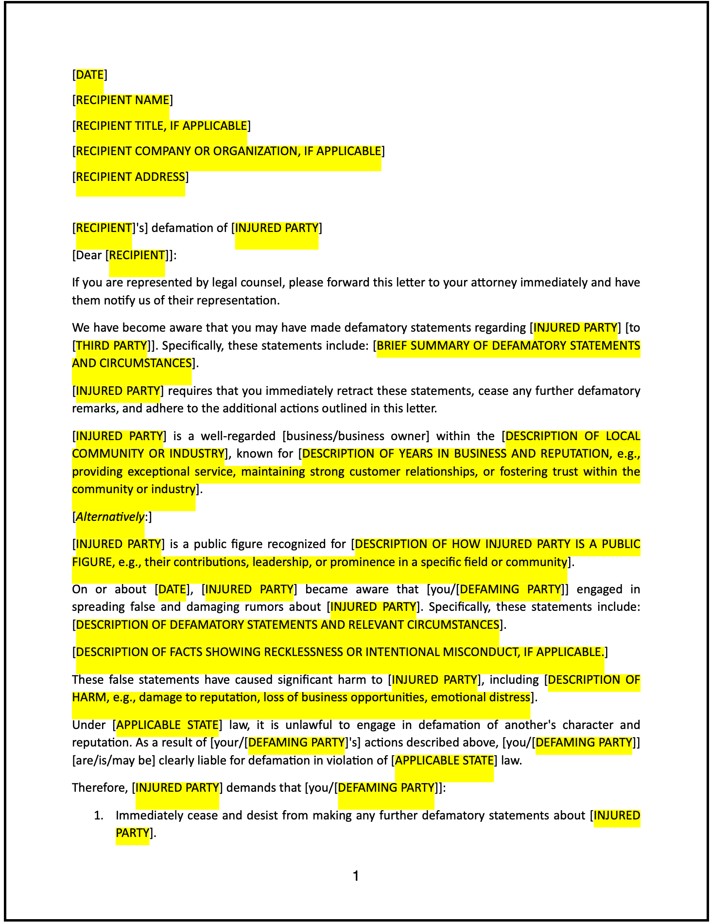 Demand letter for withdrawal of defamatory statements: Free template