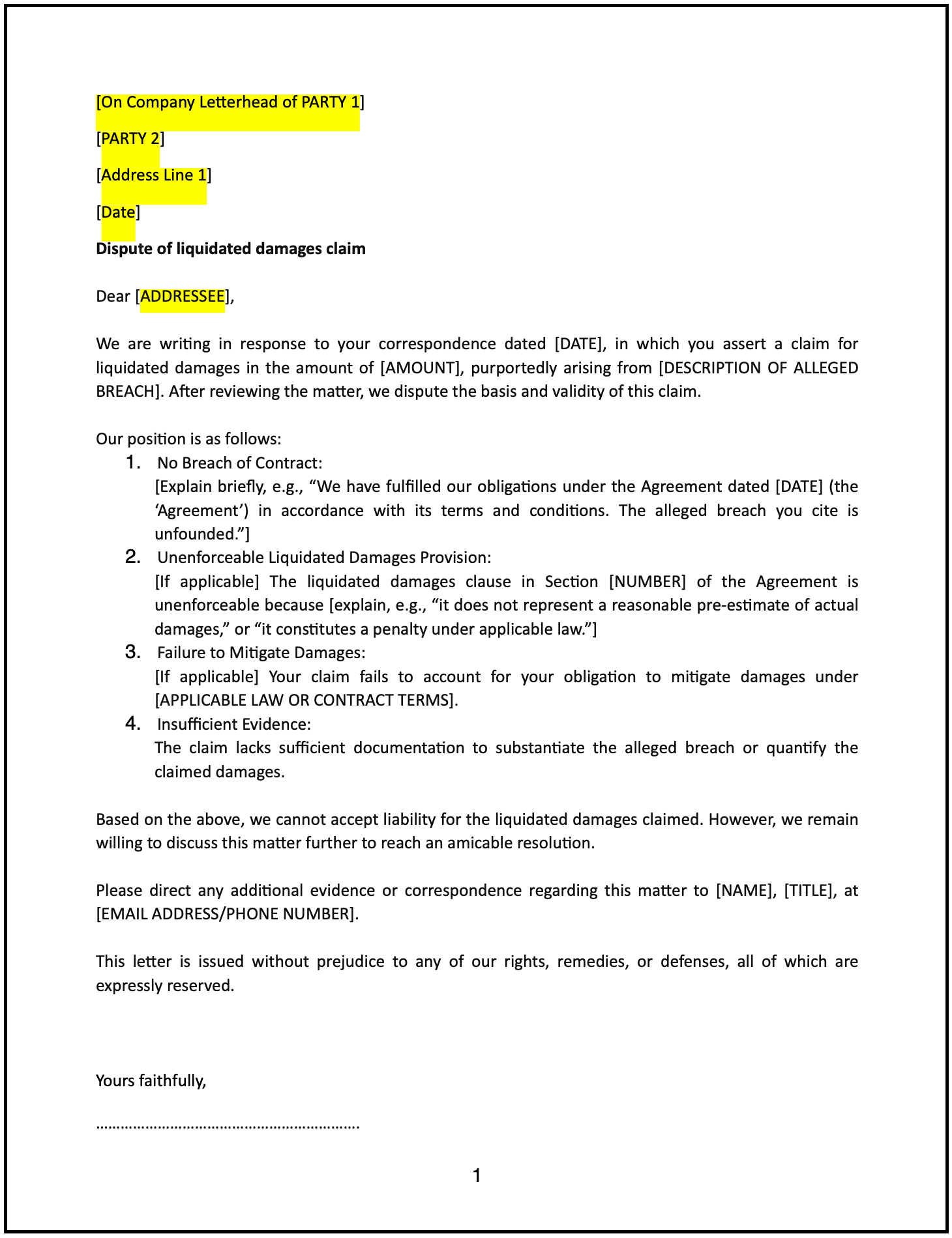 Letter disputing liquidated damages claim: Free template