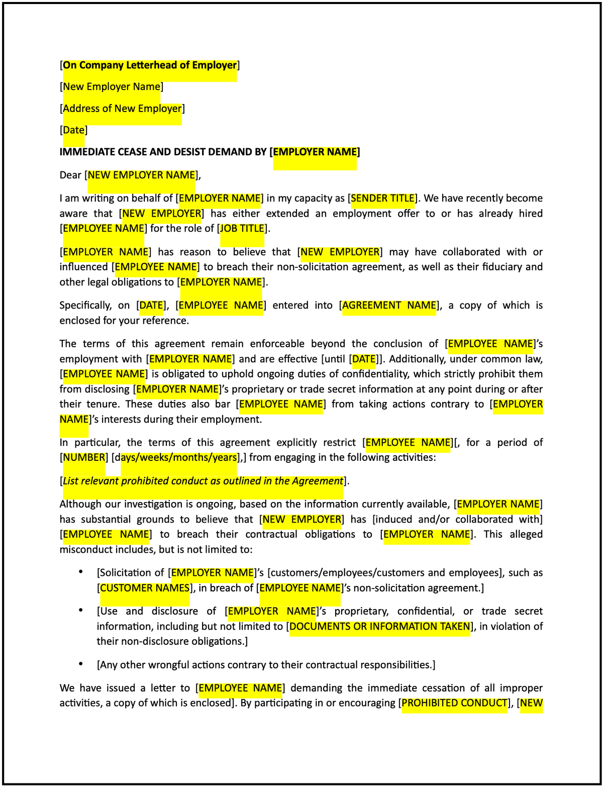 Notification letter of alleged breach of non-solicitation clause: Free ...