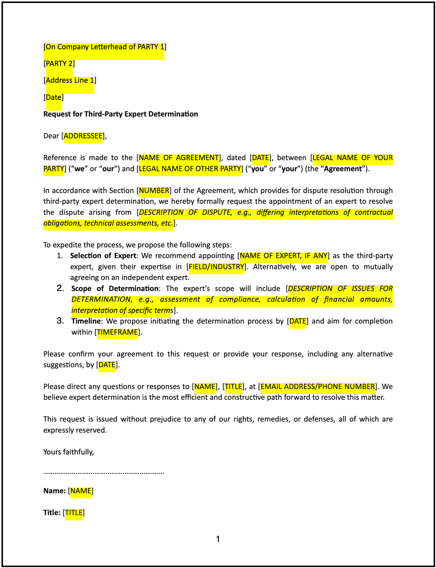 Letter of request for third-party expert determination: Free template