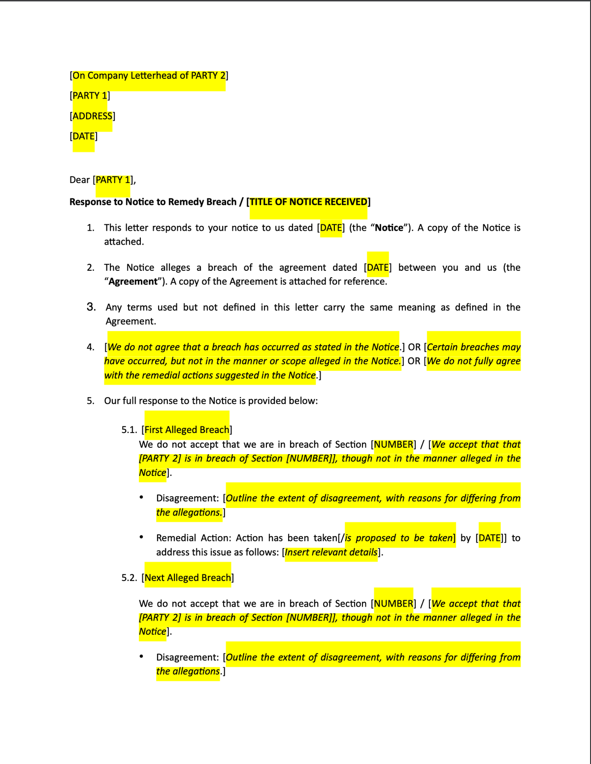 Letter of response to notice of alleged contract violation to remedy ...