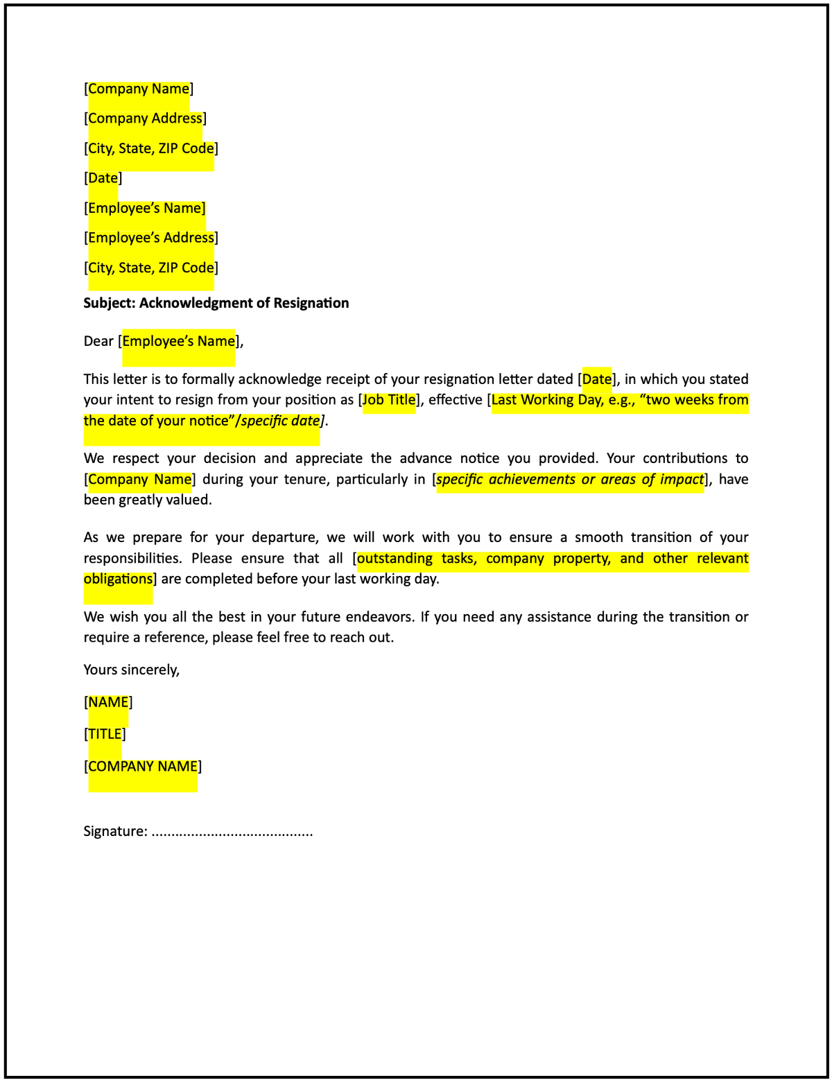 Acknowledgement of resignation letter: Free template