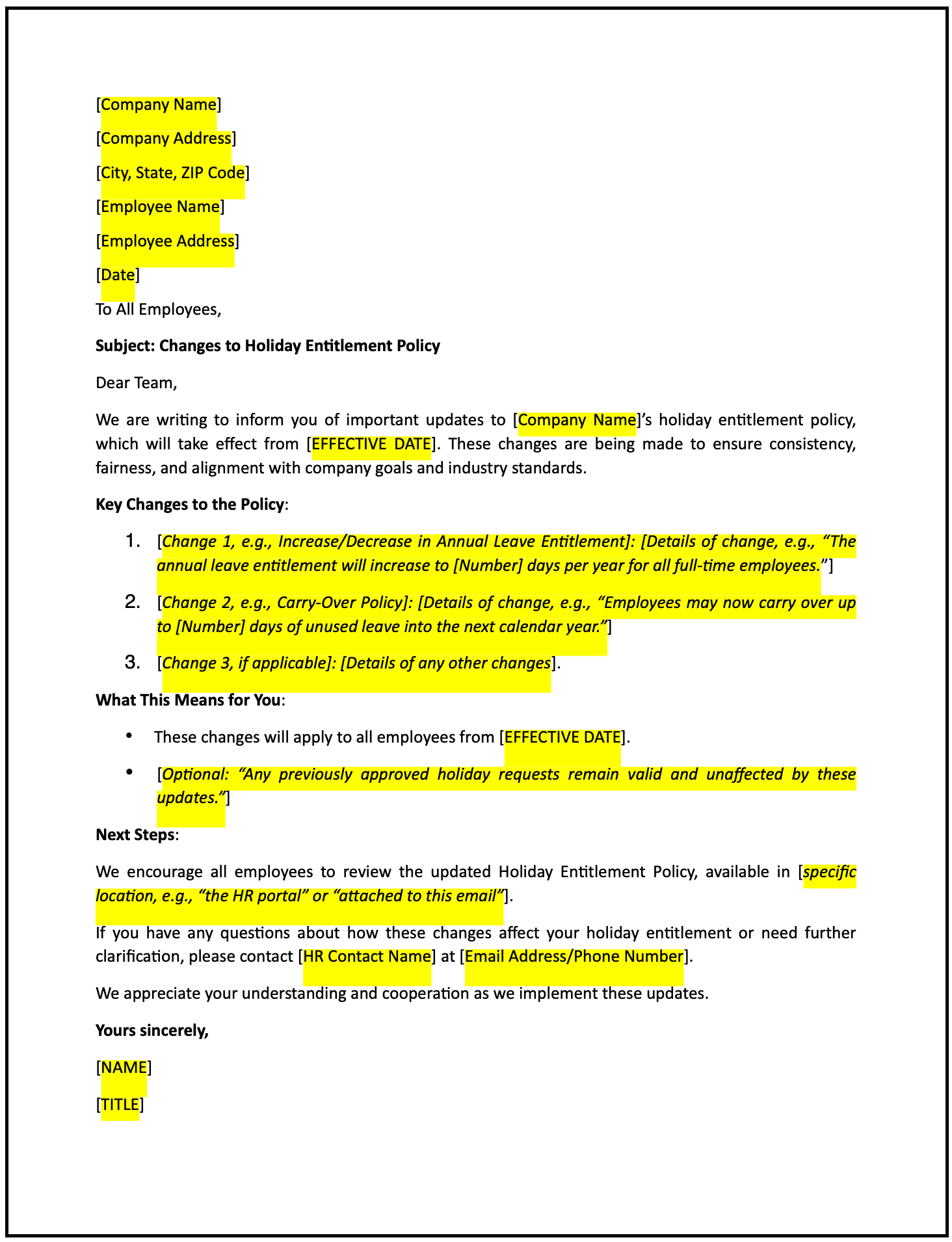 Letter of changes to holiday entitlement policy: Free template