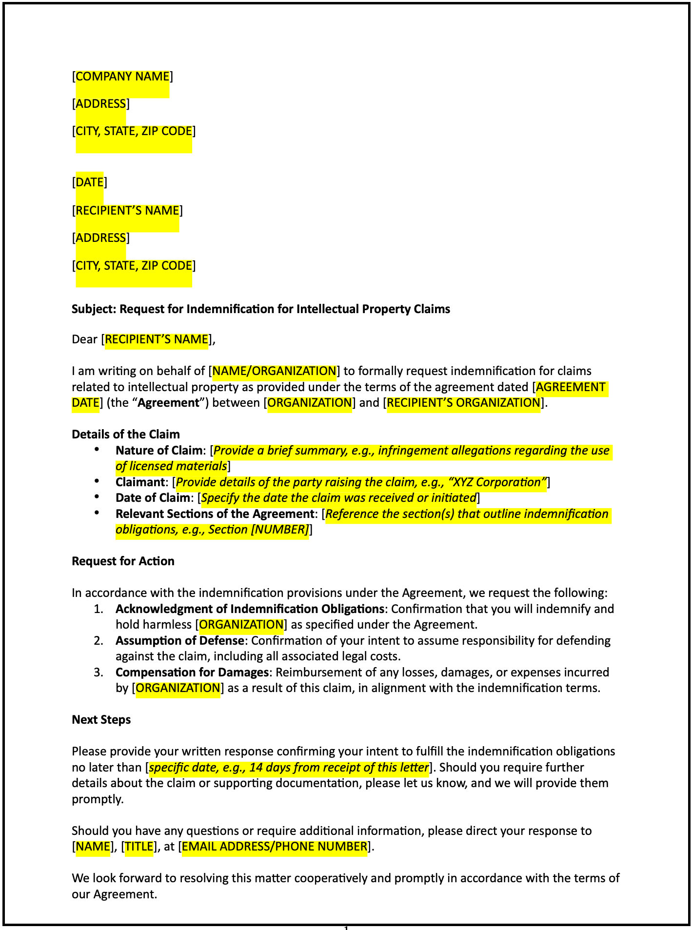 IP indemnification request letter: Free template