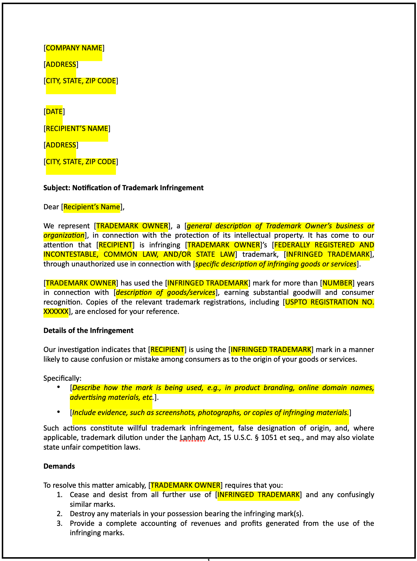 Trademark infringement cease and desist letter: Free template
