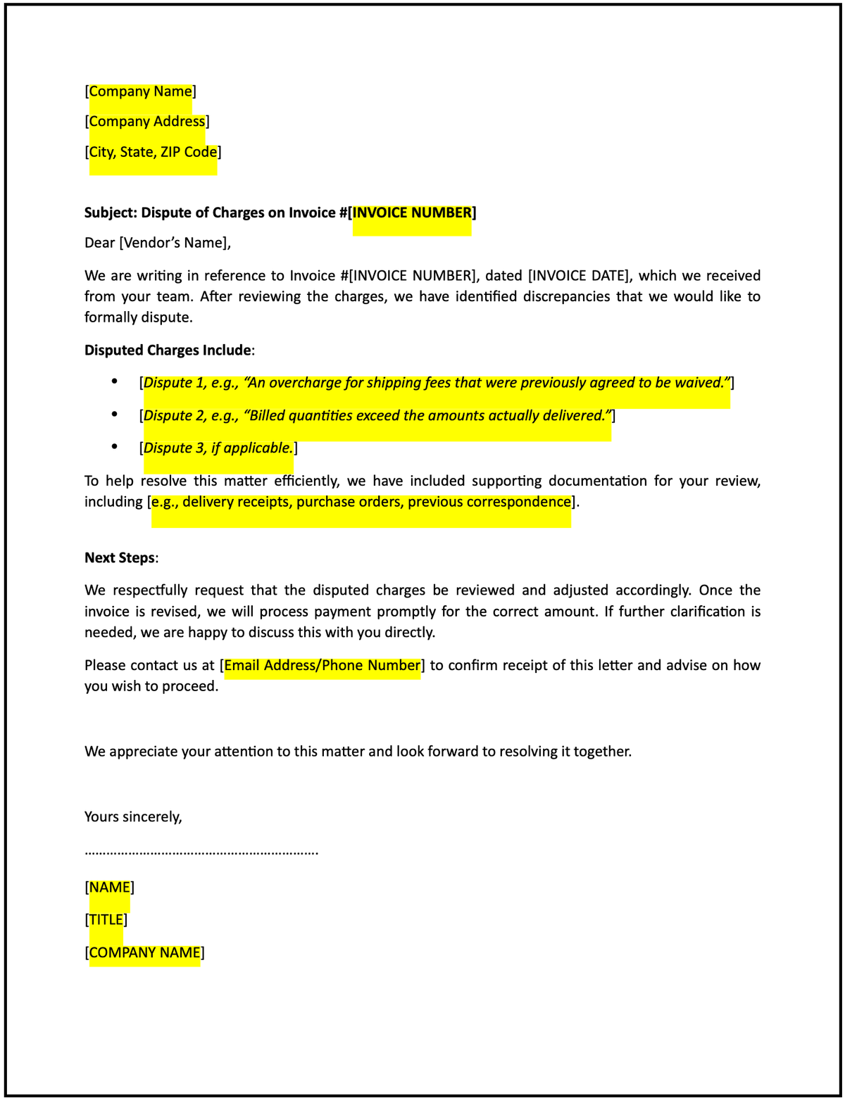 Letter disputing vendor invoice charges: Free template