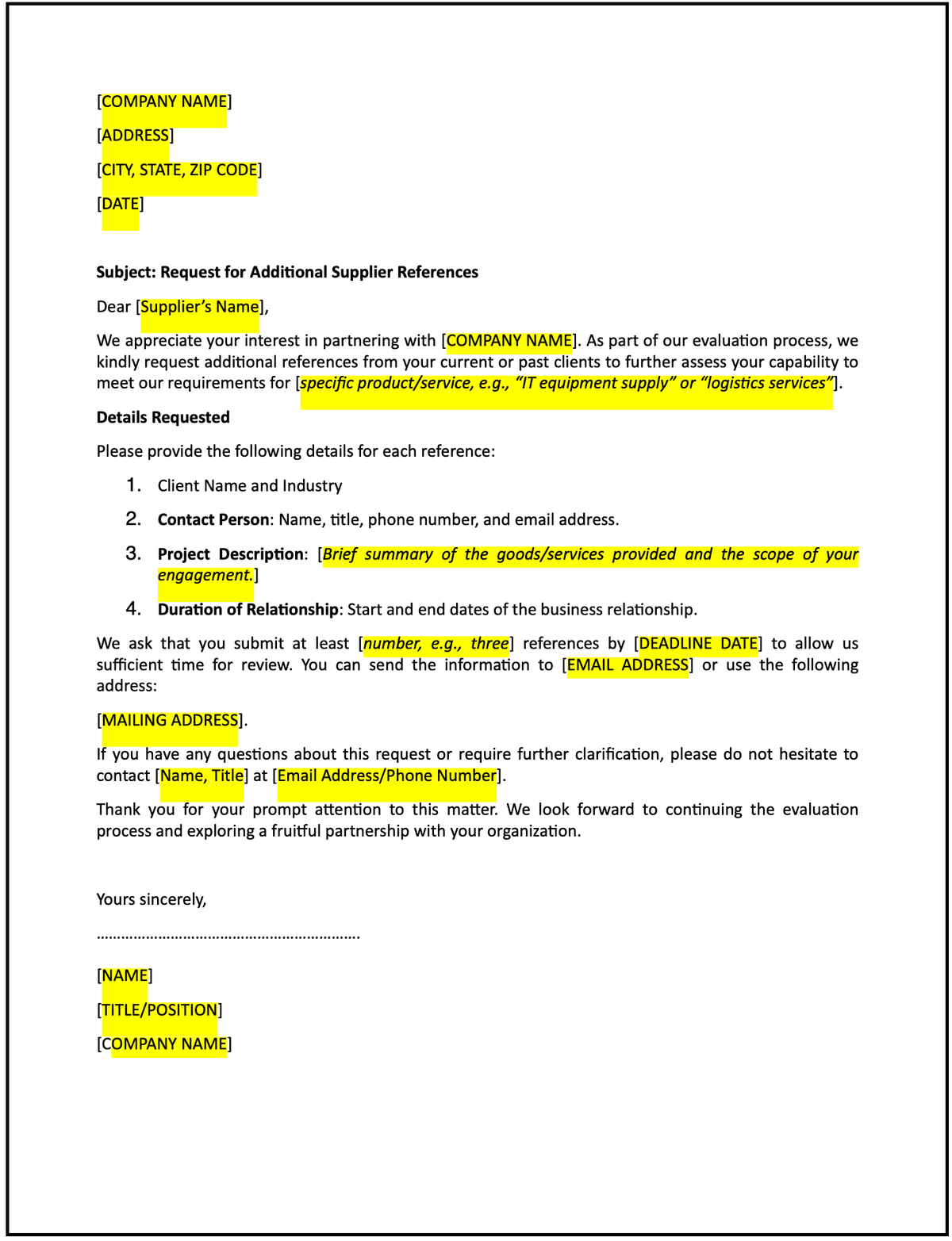 Letter of request for additional supplier references: Free template