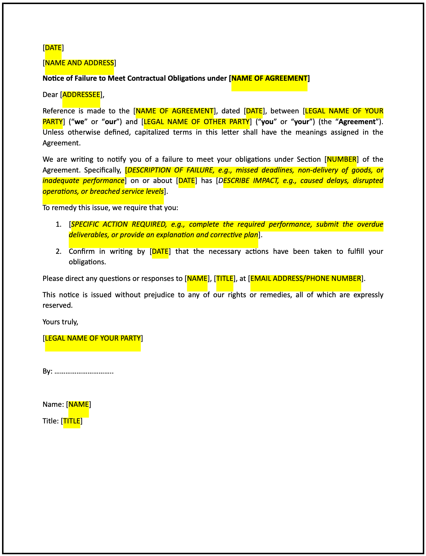 Letter of failure to meet contractual obligations: Free template