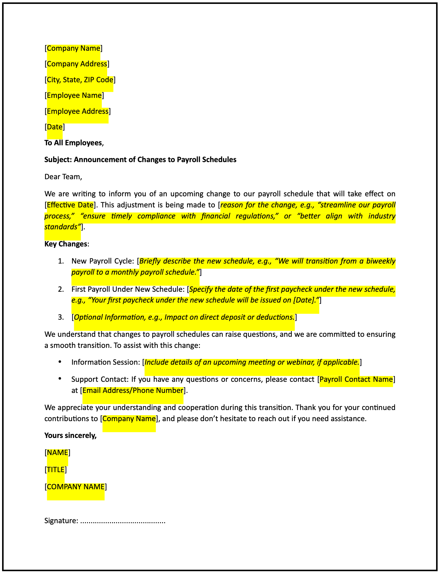 Letter of announcement of changes to payroll schedules: Free template