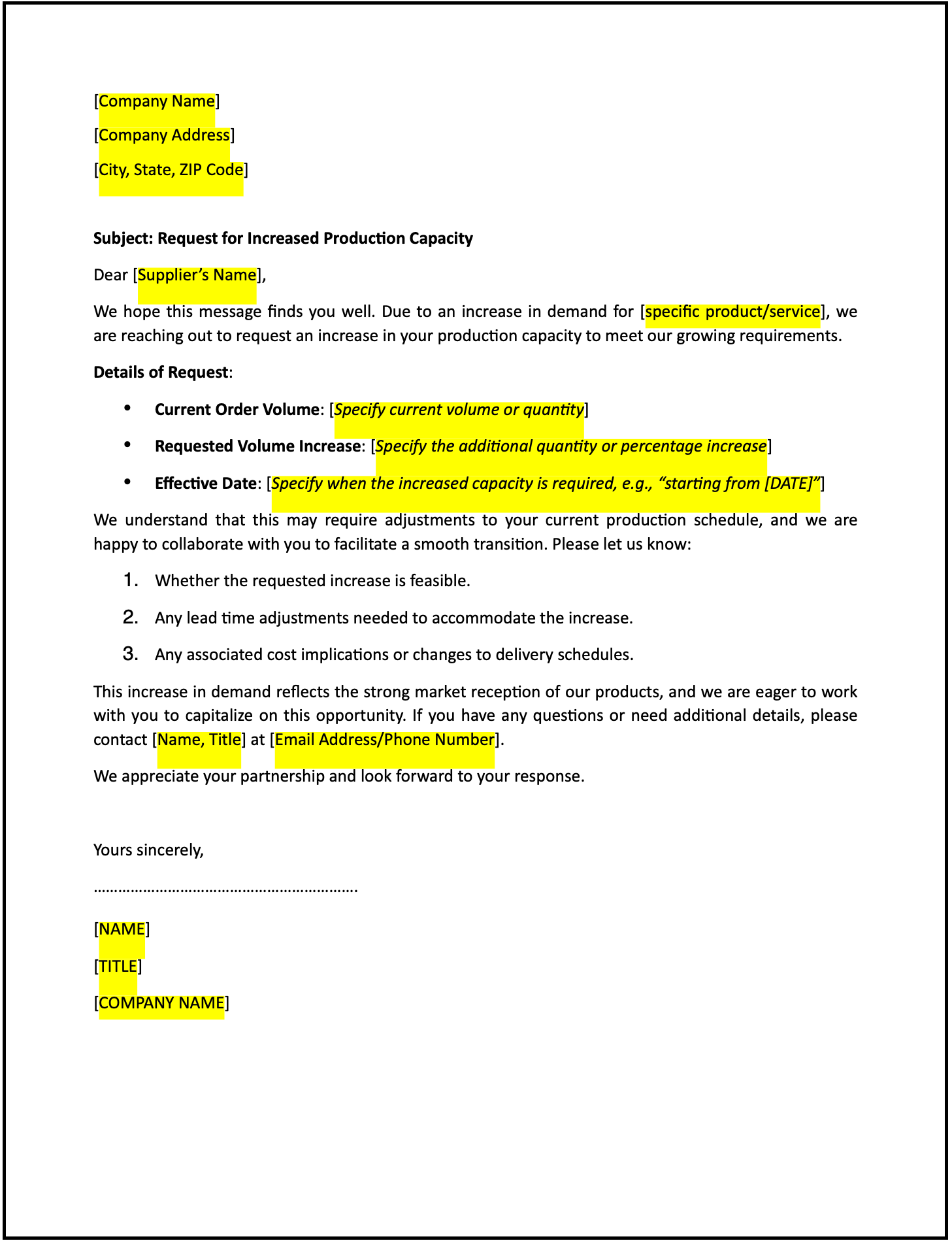 Letter of request for supplier capacity increase to meet demand: Free ...