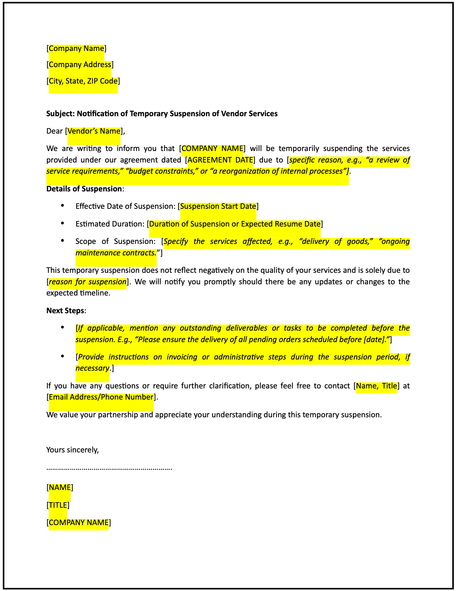 Notification letter of temporary suspension of vendor services: Free ...