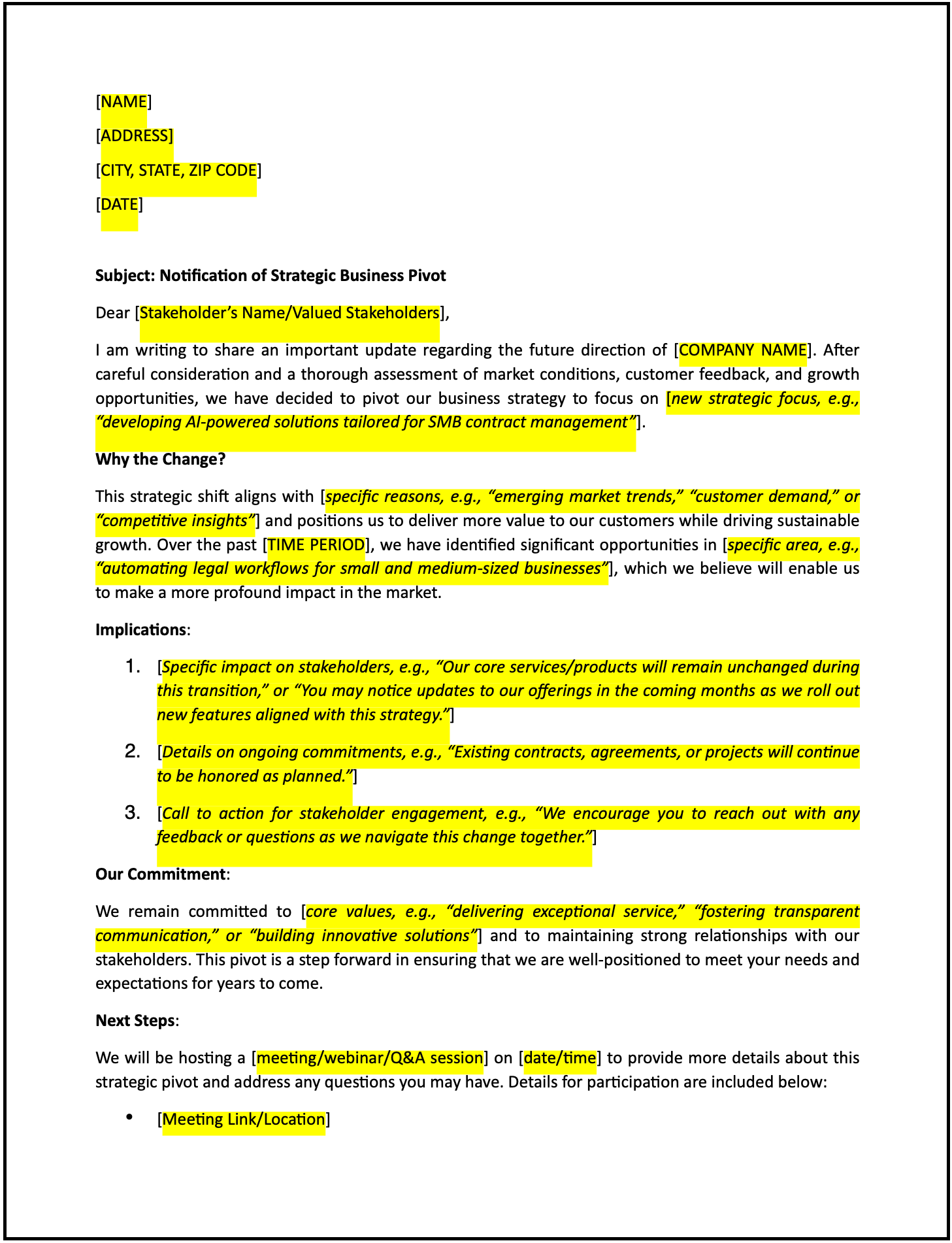 Letter of a pivot in business strategy to stakeholders: Free template