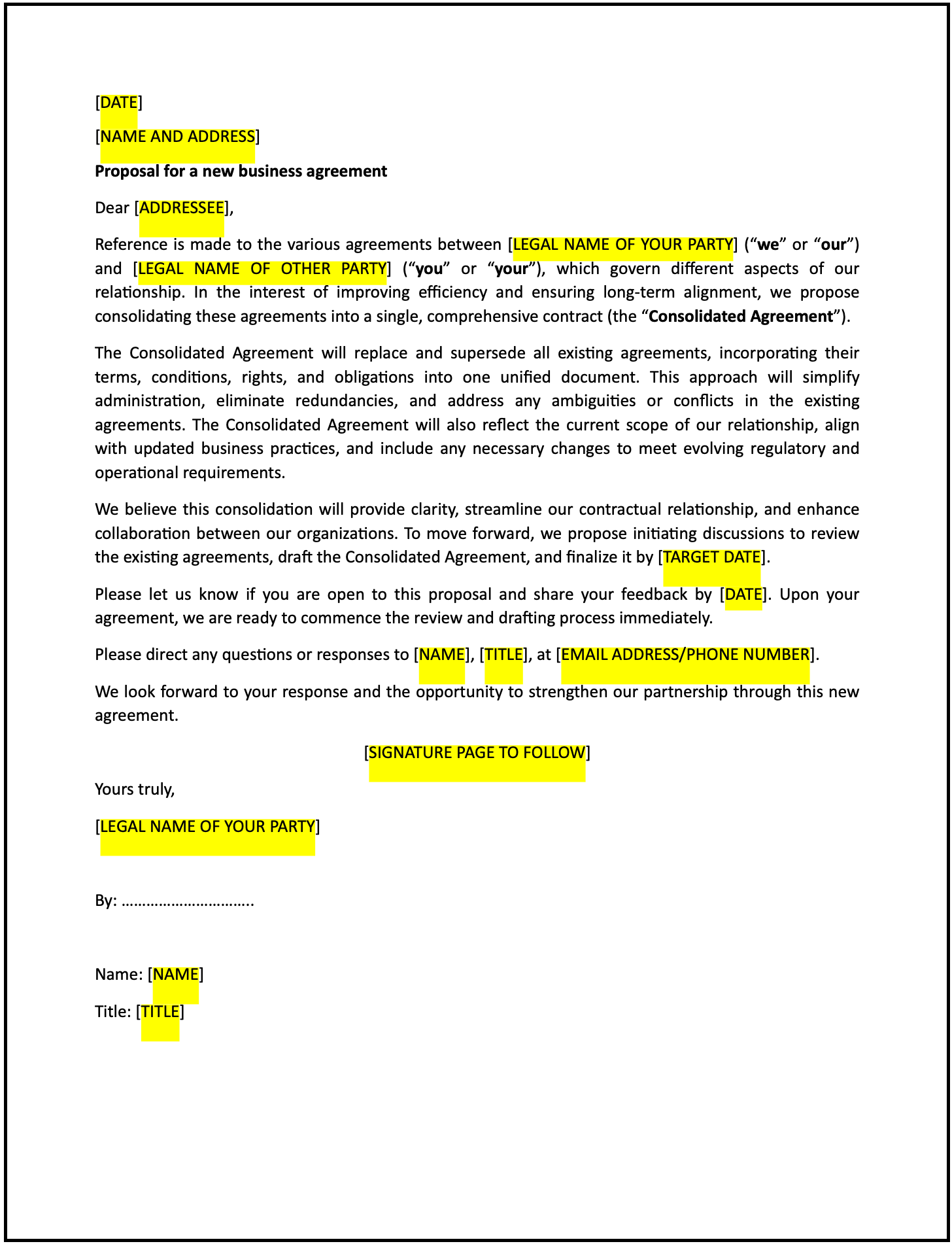Proposal letter to consolidate multiple agreements: Free template