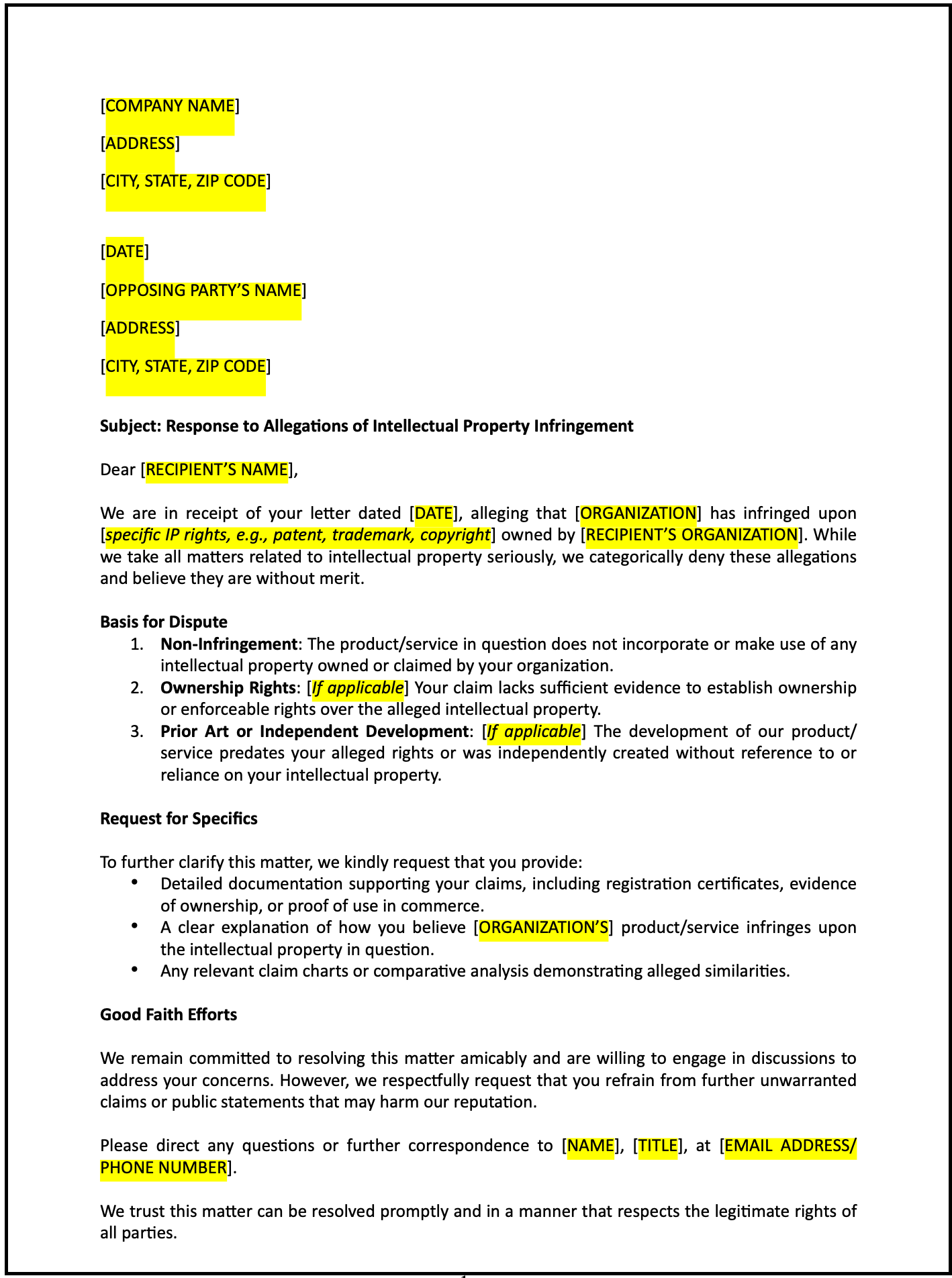 Letter disputing allegations of IP infringement: Free template