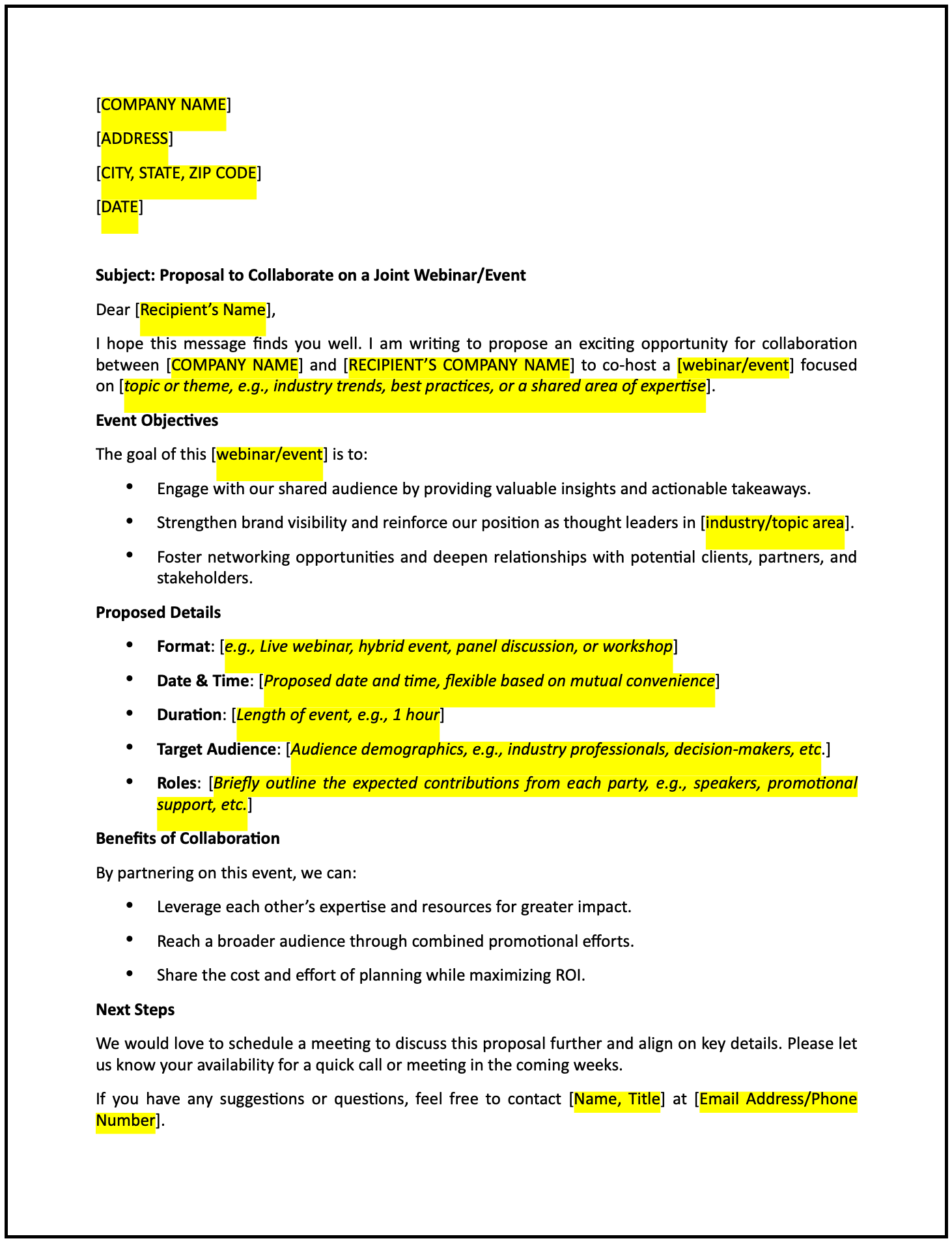 Letter of proposal to host a joint webinar or event: Free template