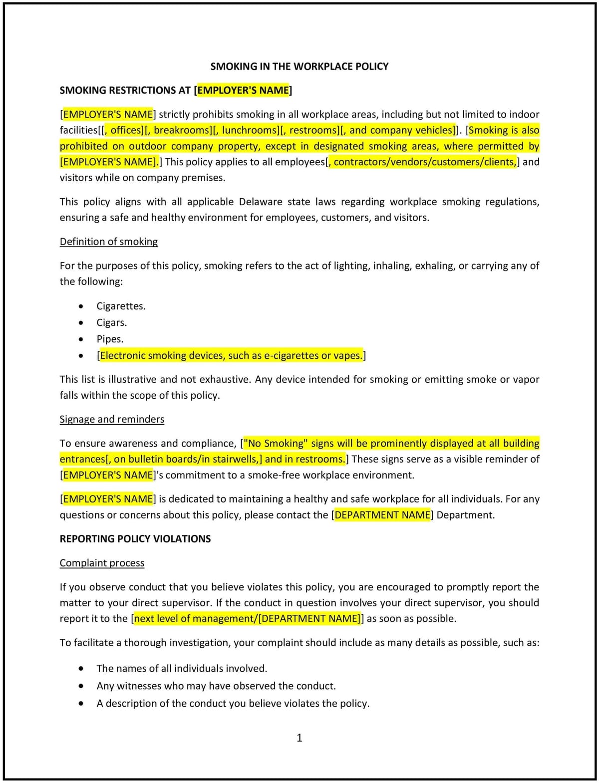 Smoking in the workplace policy (Delaware): Free template