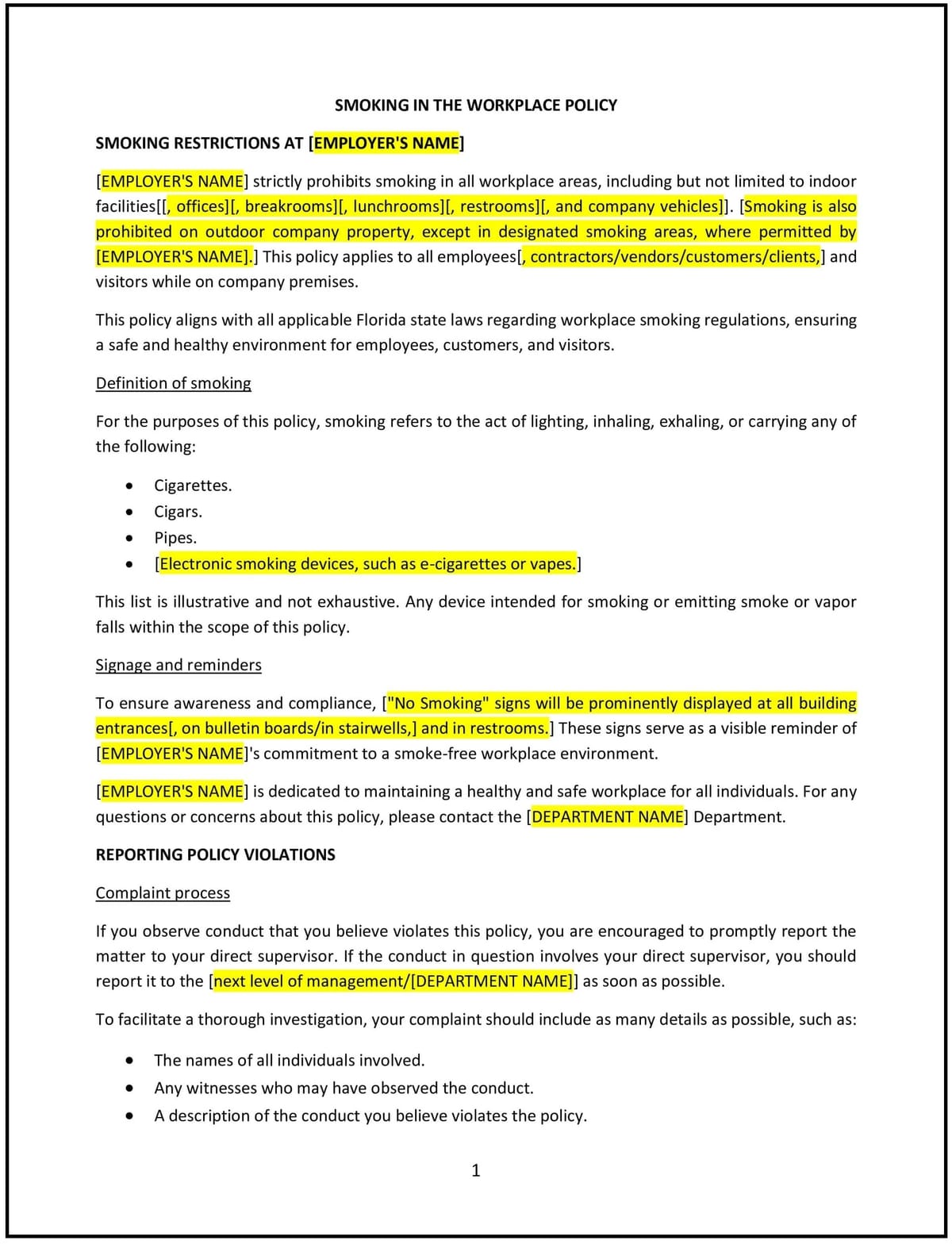 Smoking in the workplace policy (Florida): Free template