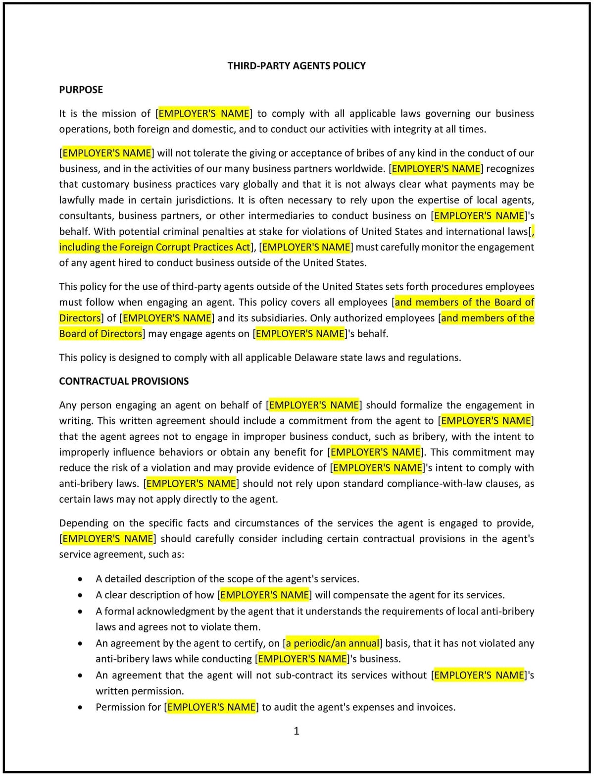 Third-party agents policy (Delaware): Free template