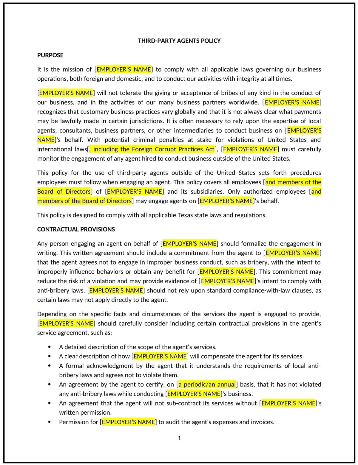 Third party agents policy (Texas): Free template