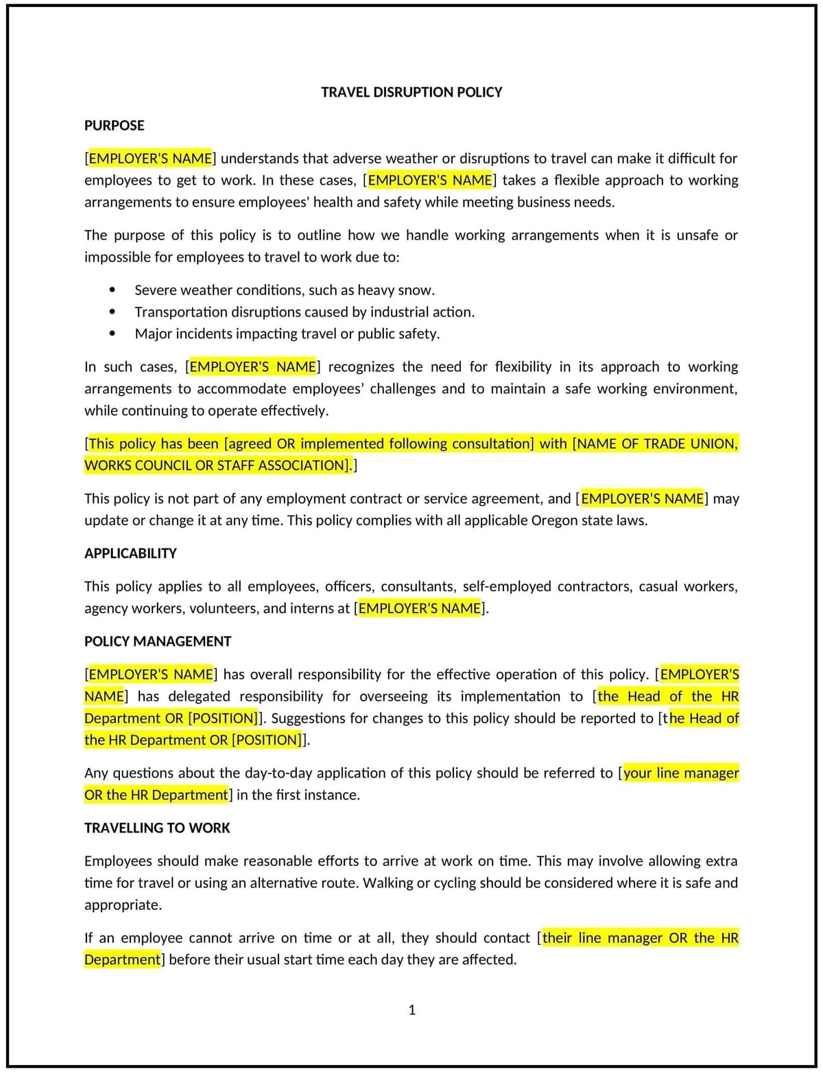 Travel disruption policy (Oregon): Free template