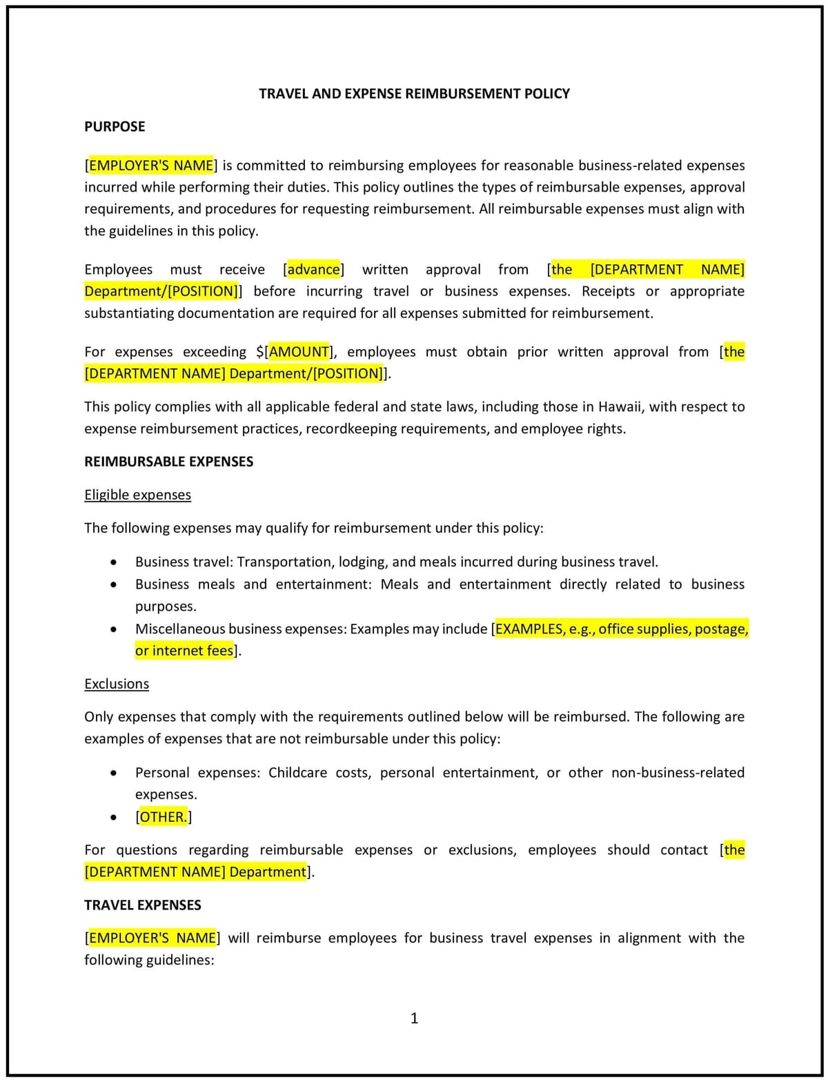 Travel and expense reimbursement policy (Hawaii): Free template