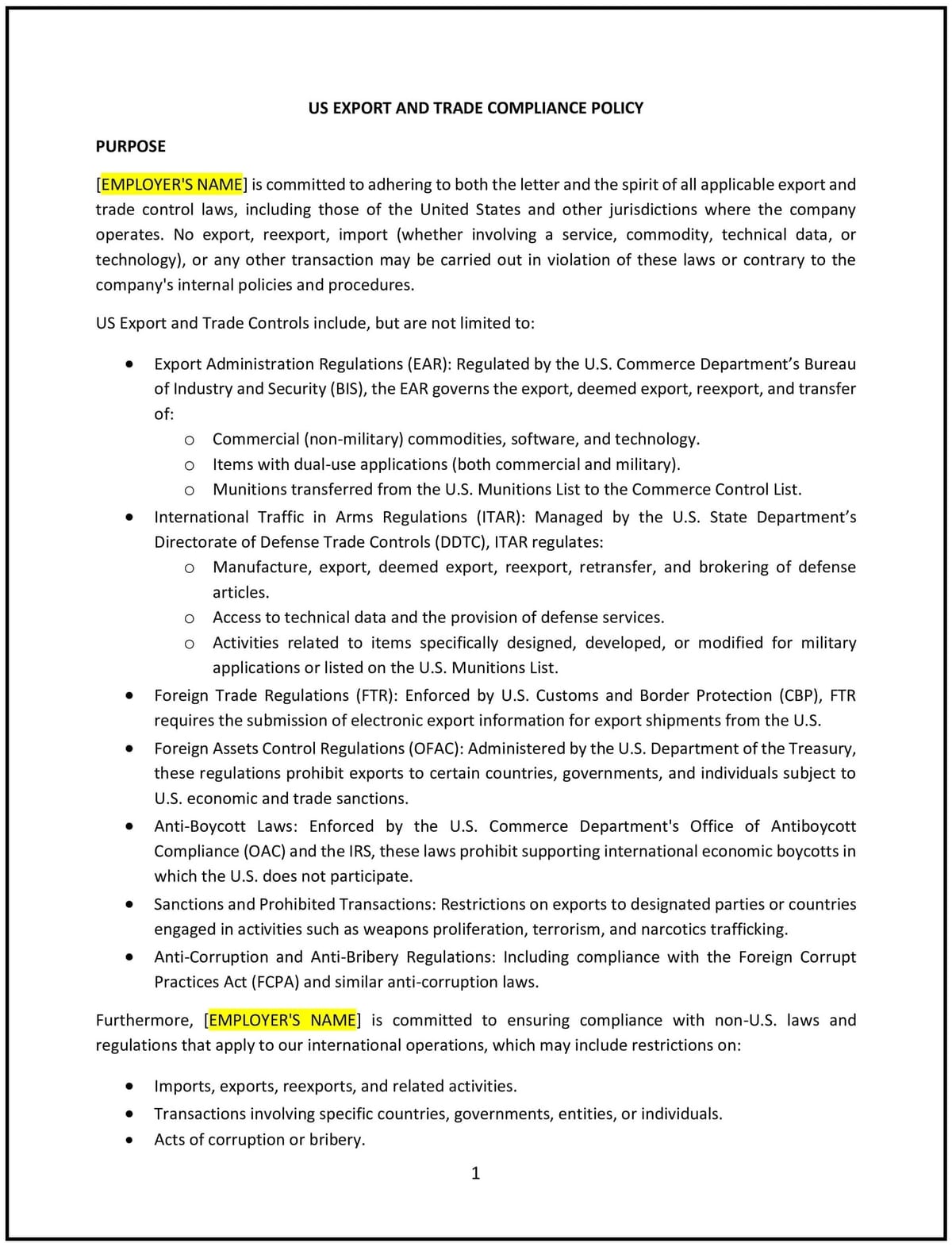 US export and trade compliance policy (Delaware): Free template