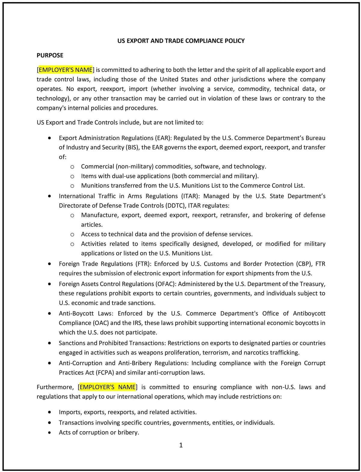 US export and trade compliance policy (Hawaiʻi): Free template