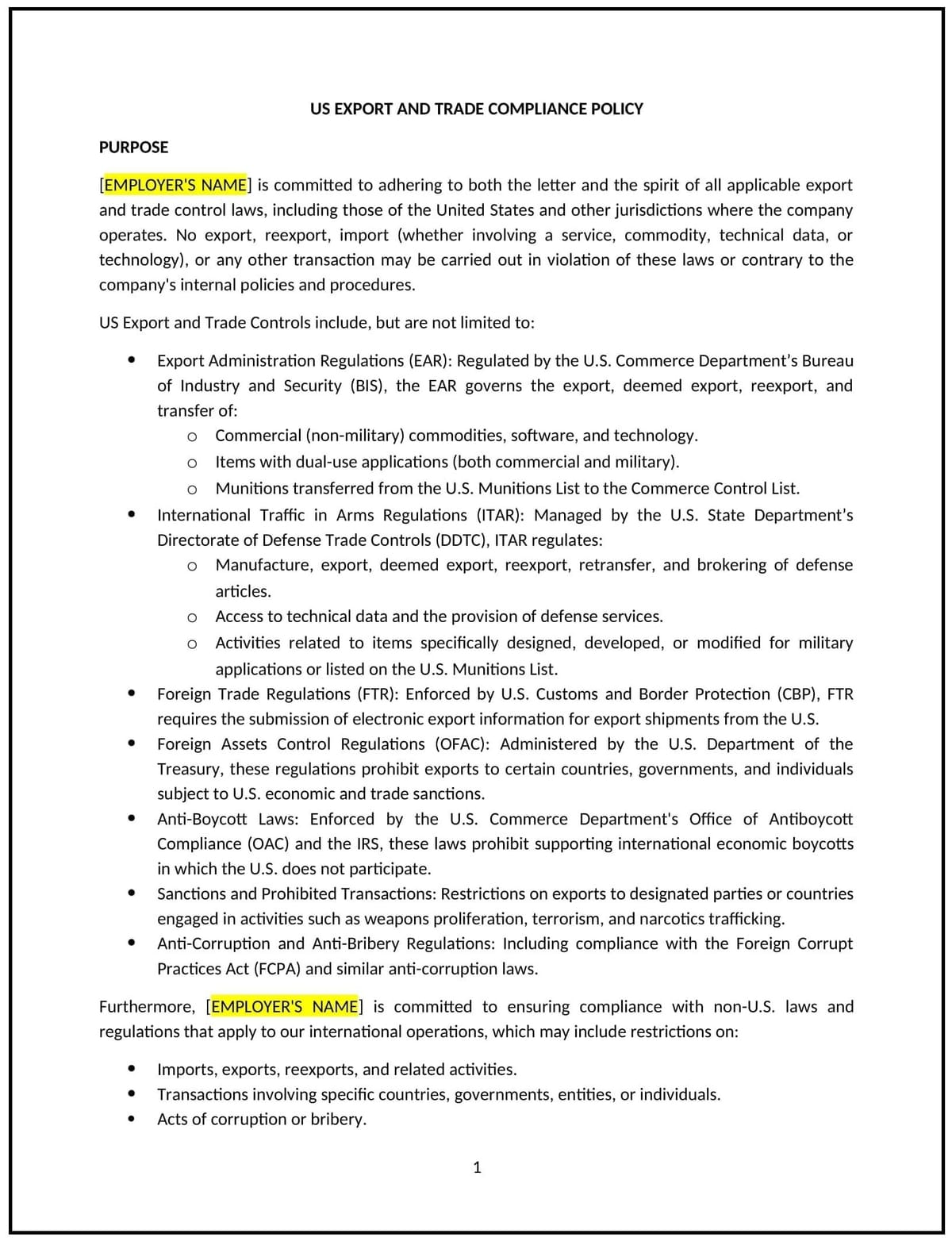 US export and trade compliance policy (South Carolina): Free template