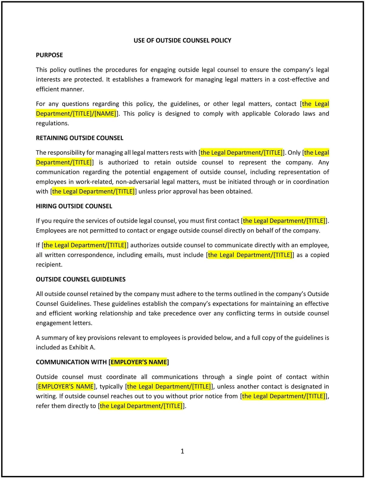 Use of outside counsel policy (Colorado): Free template