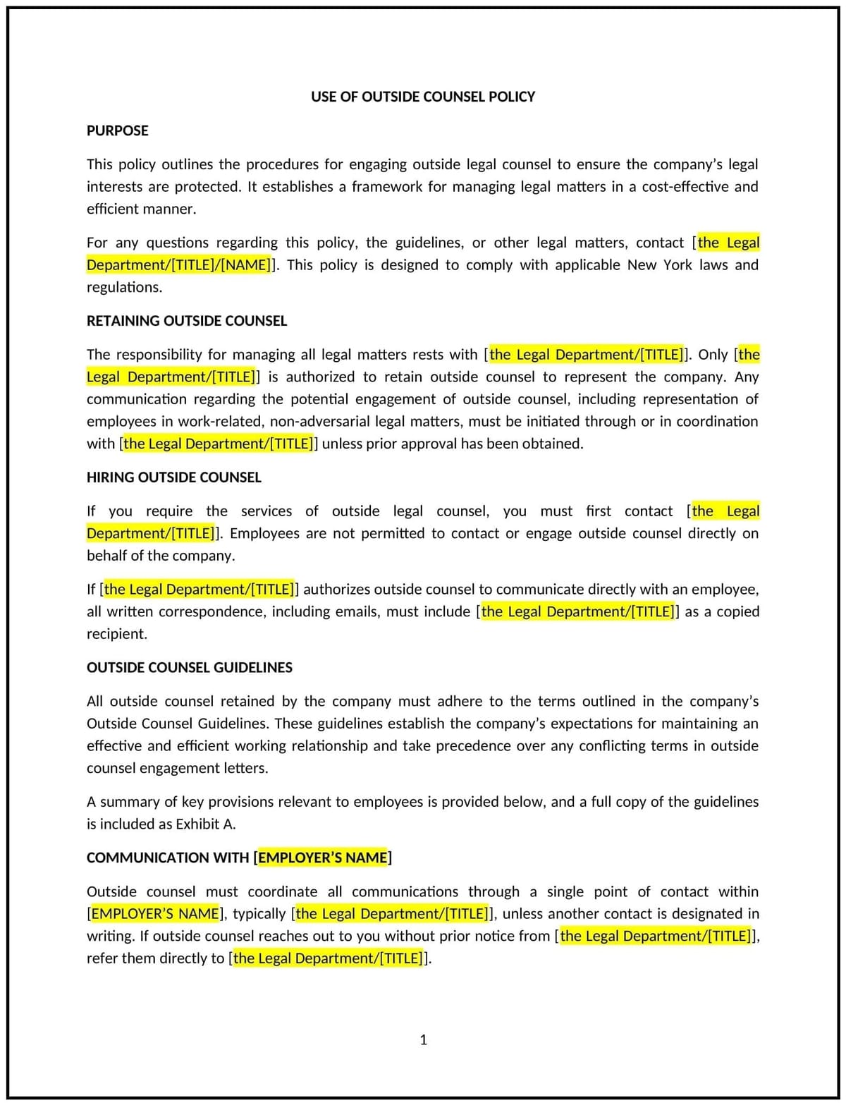 Use of outside counsel policy (New York): Free template