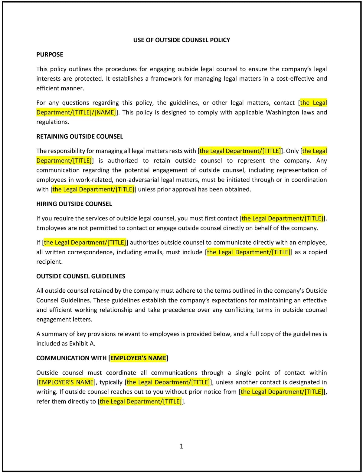 Outside counsel policy (Washington): Free template