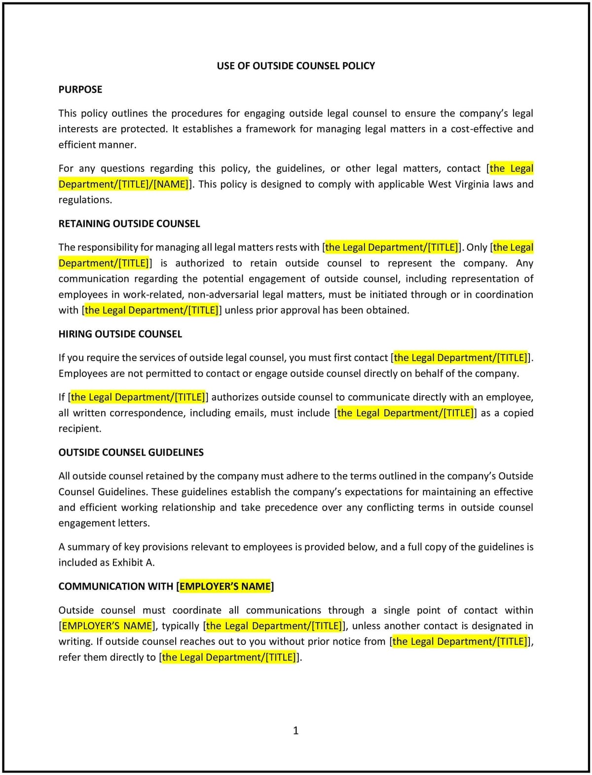Use of outside counsel policy (West Virginia): Free template