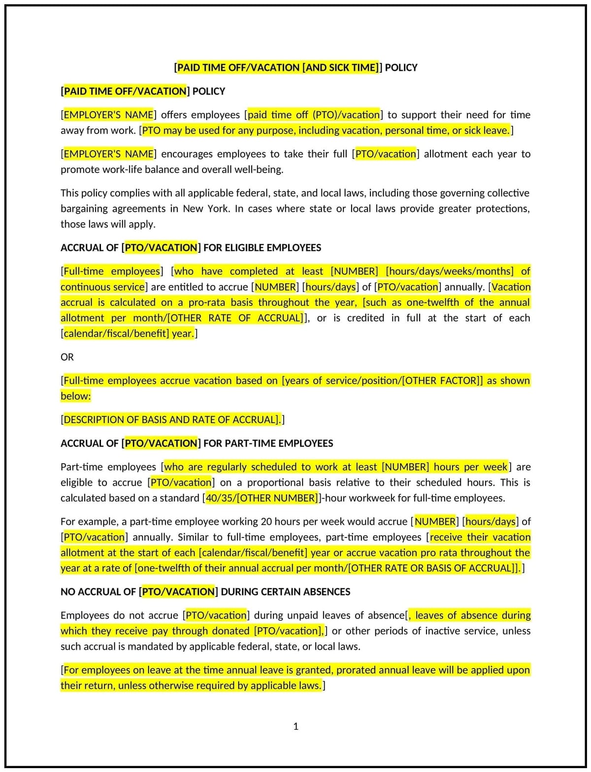 Vacation policy (New York): Free template