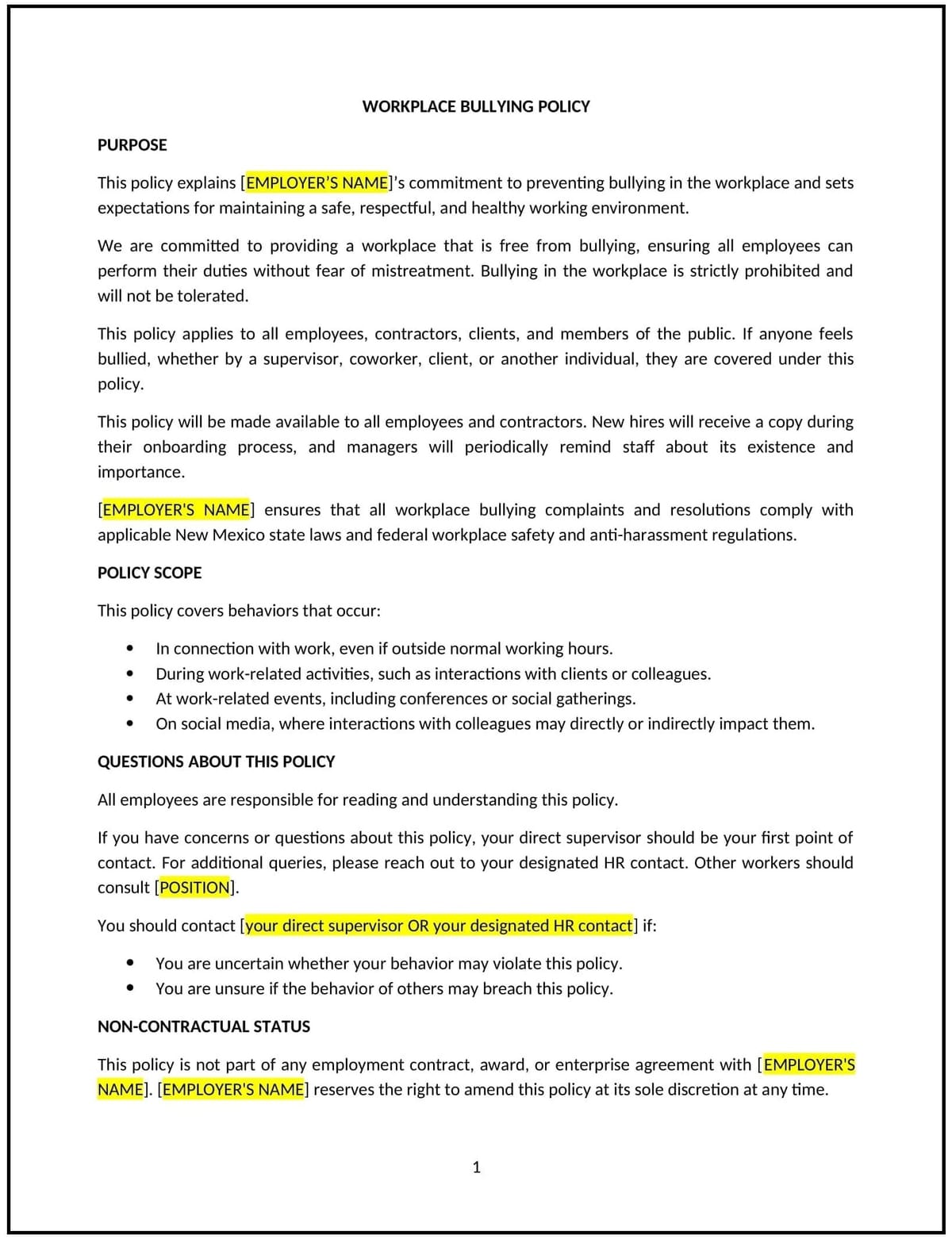 Workplace bullying policy (New Mexico): Free template