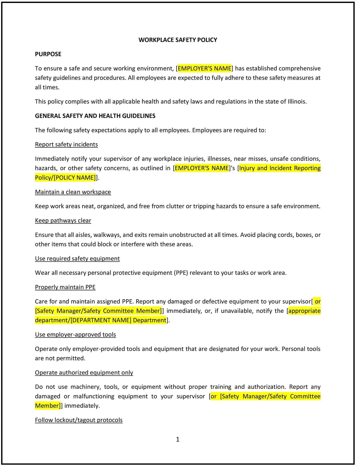 Workplace safety policy (Illinois): Free template