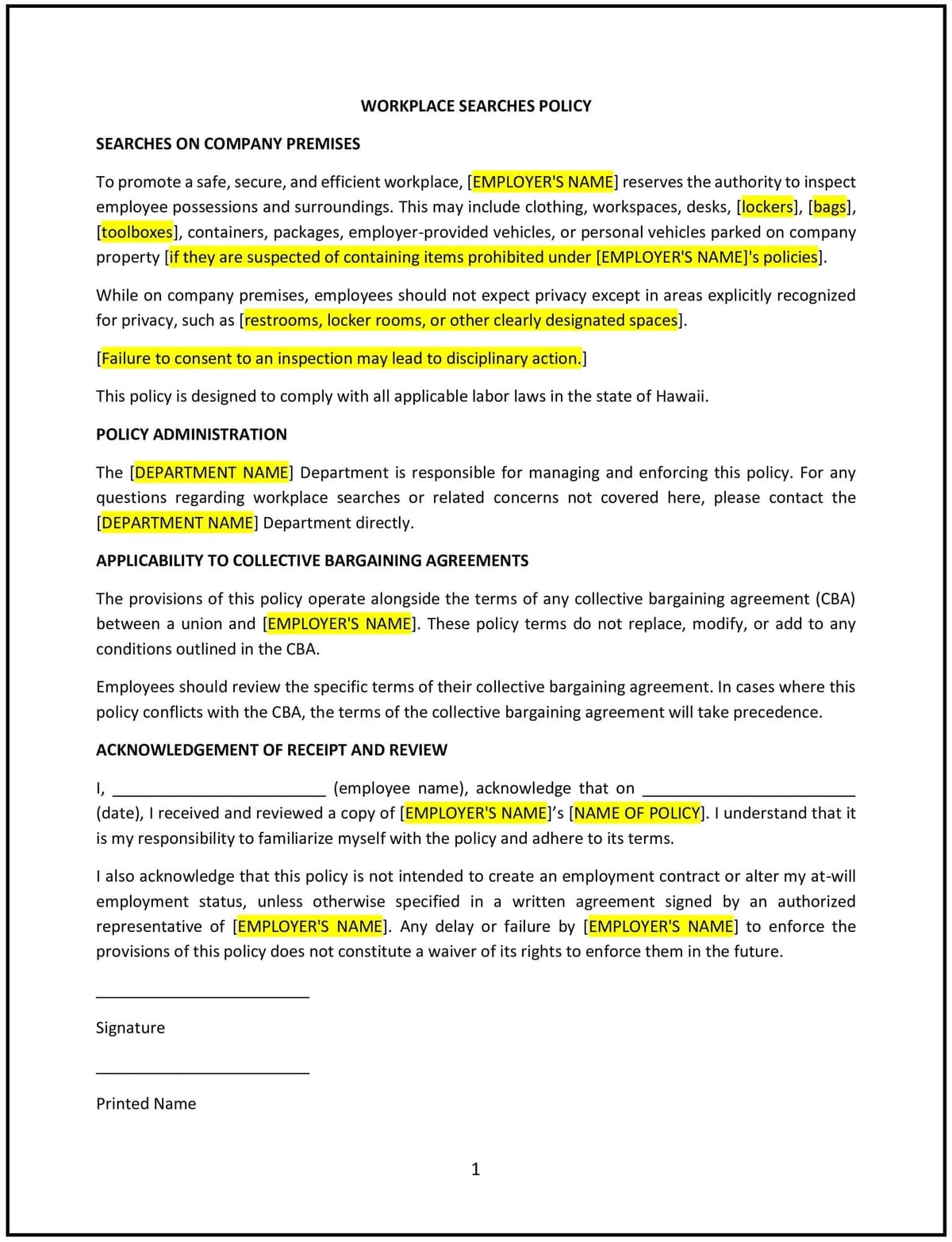 Workplace searches policy (Hawaiʻi): Free template