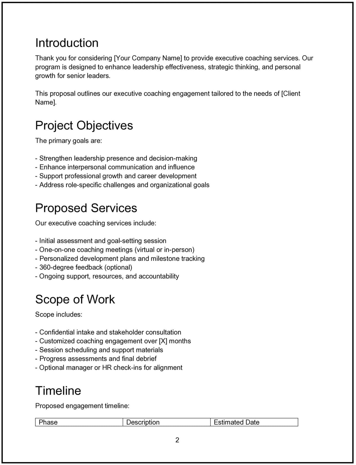 Executive coaching proposal: Free template