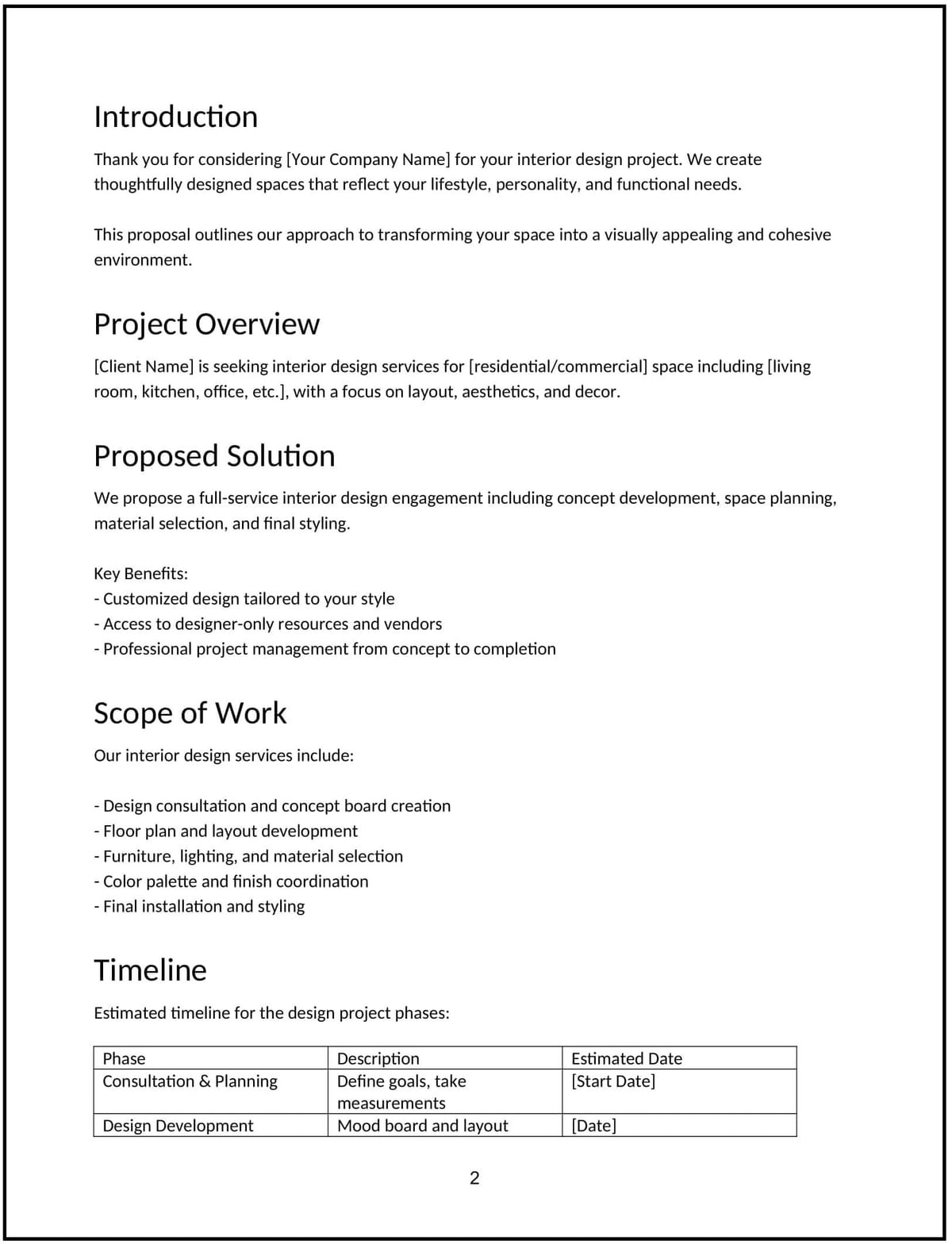 Interior design proposal: Free template