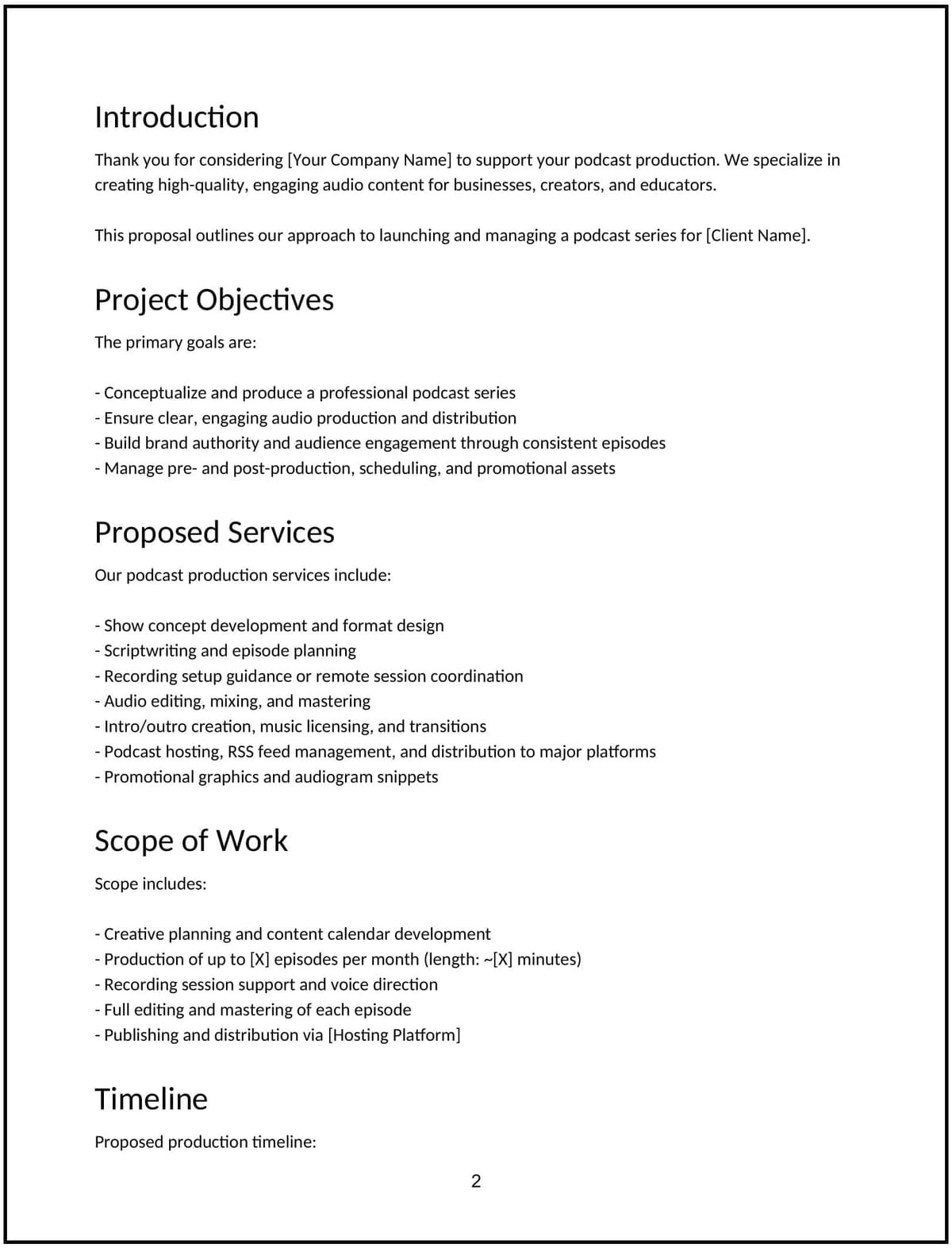 Podcast production proposal: Free template