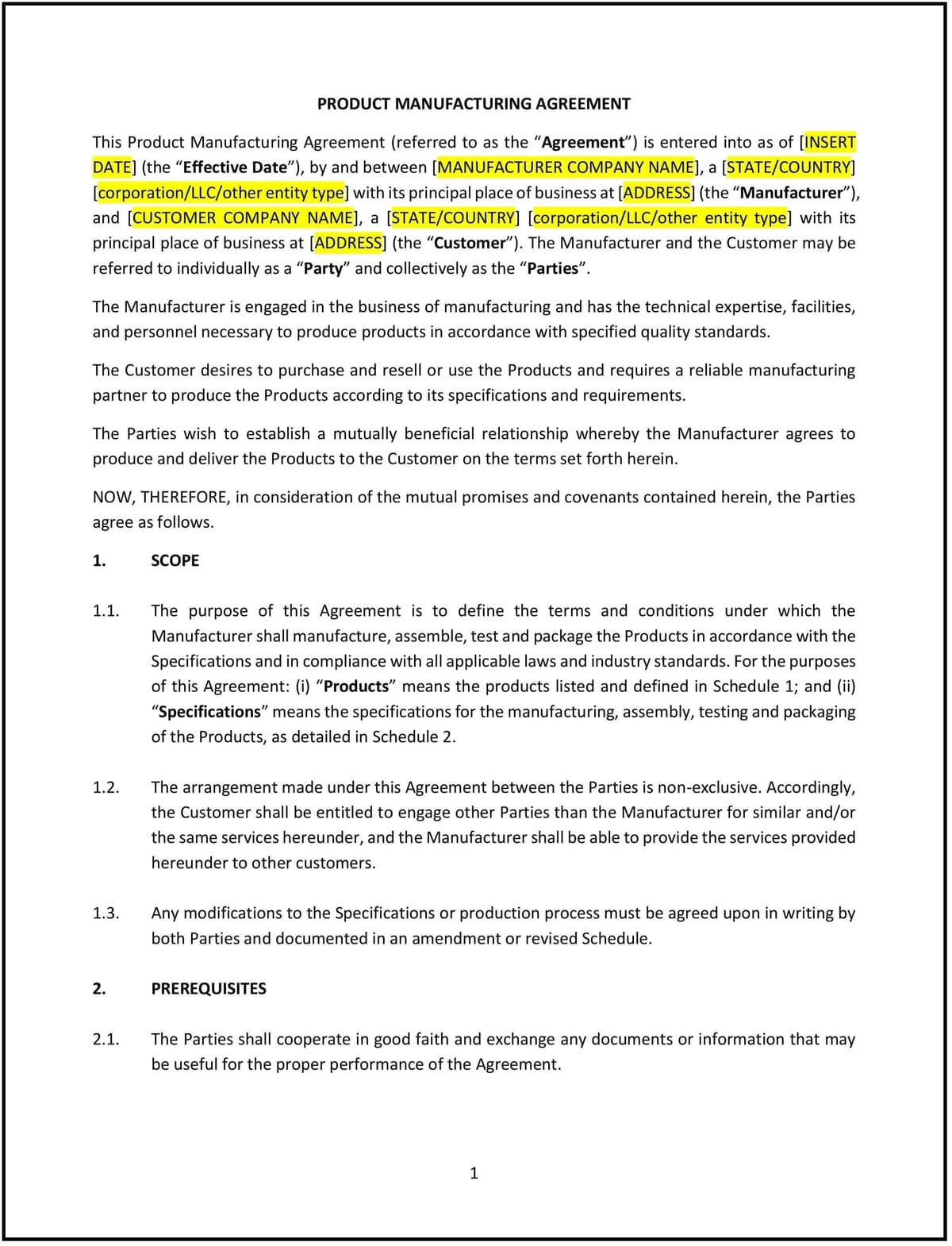 Product Manufacturing Agreement (Vermont): Free template