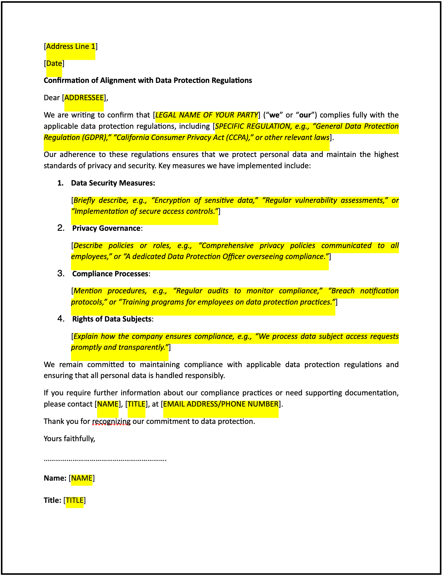 Letter confirming alignment with data protection regulations: Free template