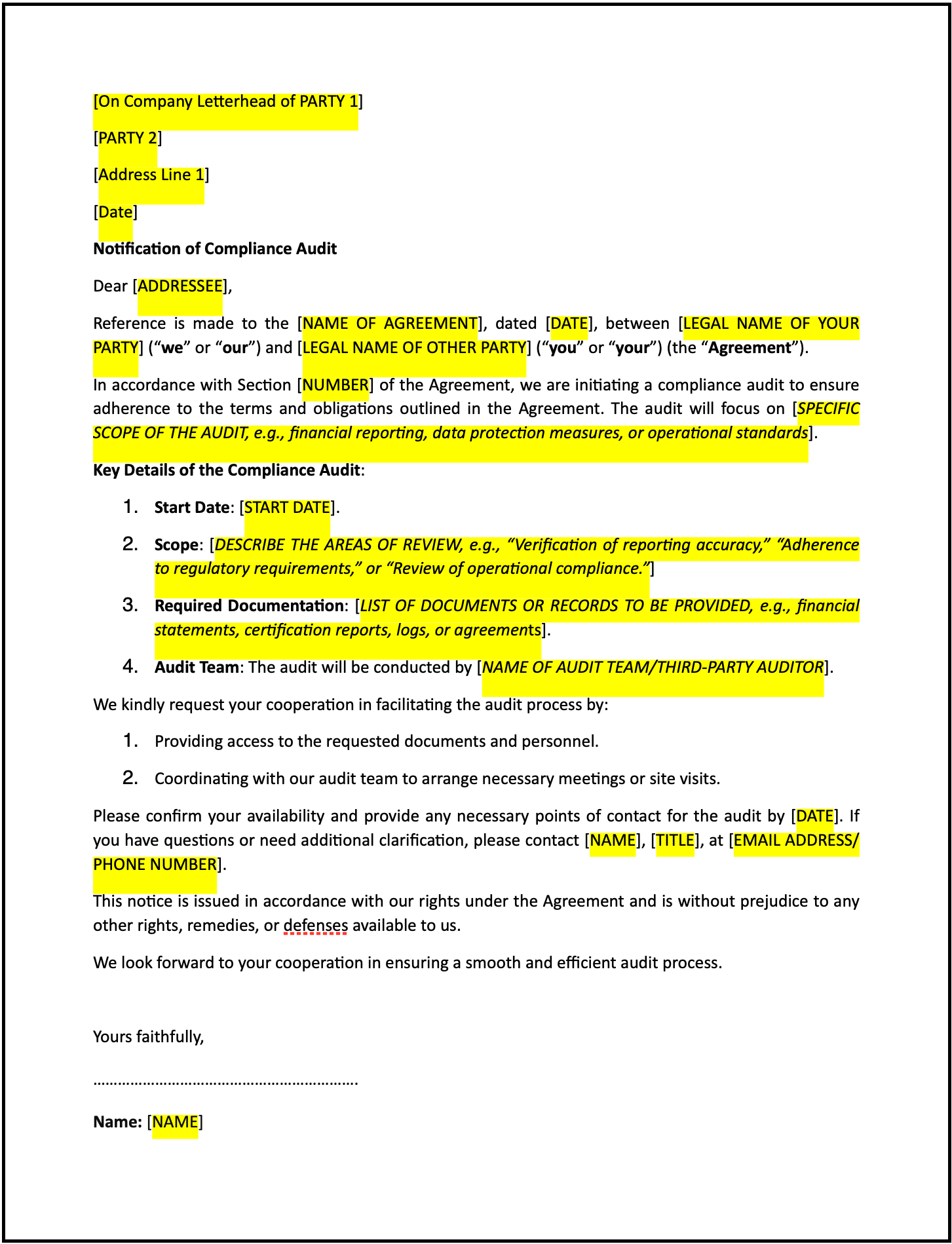 Notification letter of starting a compliance audit: Free template