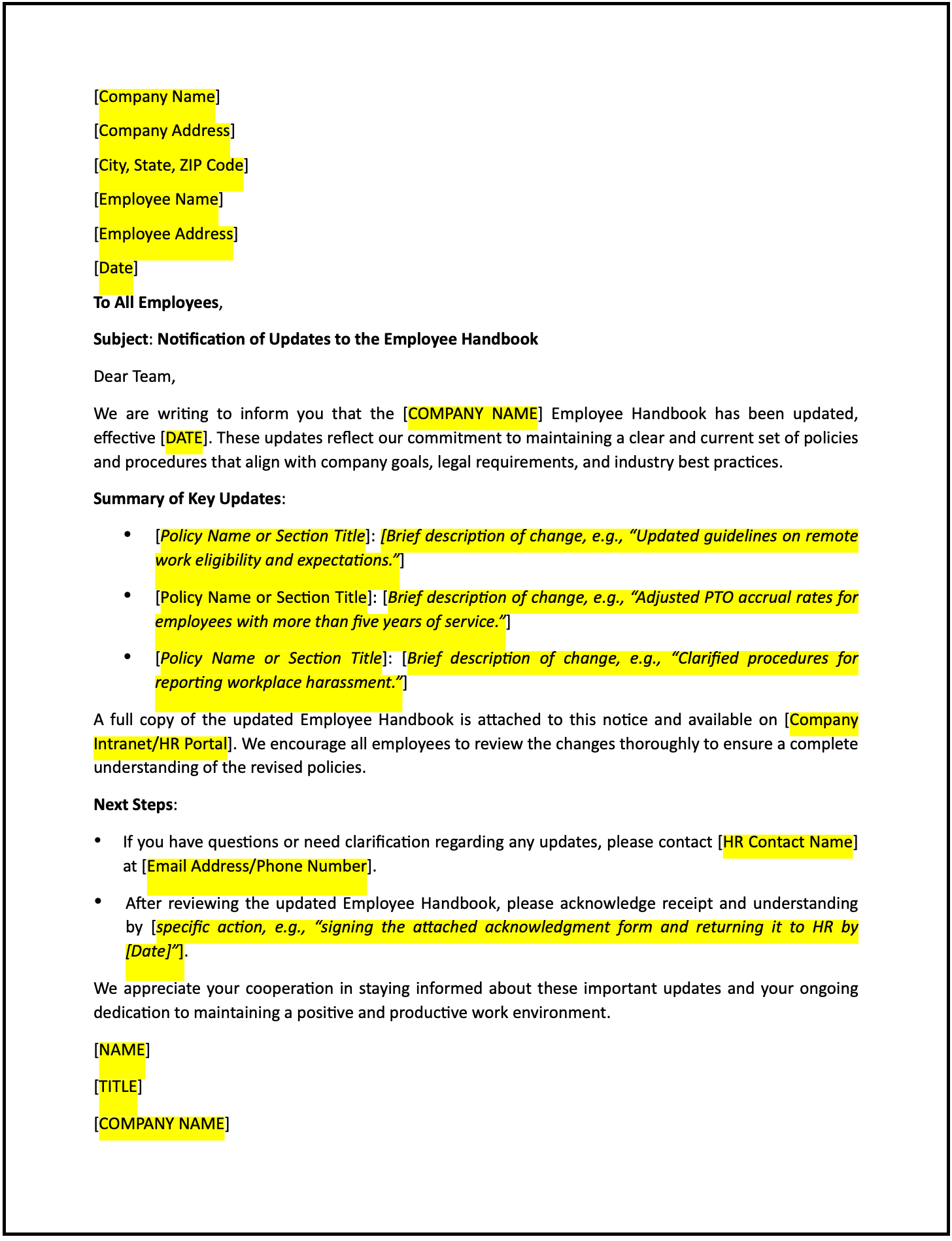 Letter of employee handbook updates: Free template