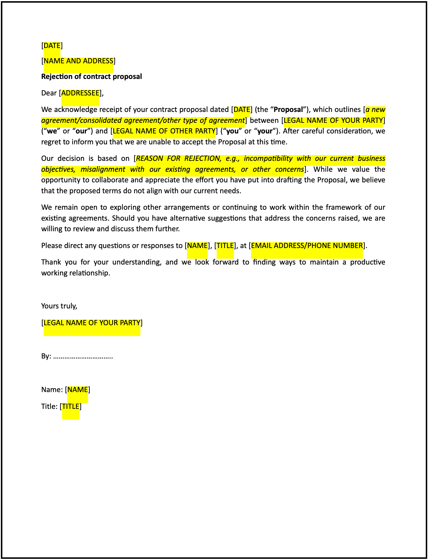 Rejection of contract proposal letter: Free template