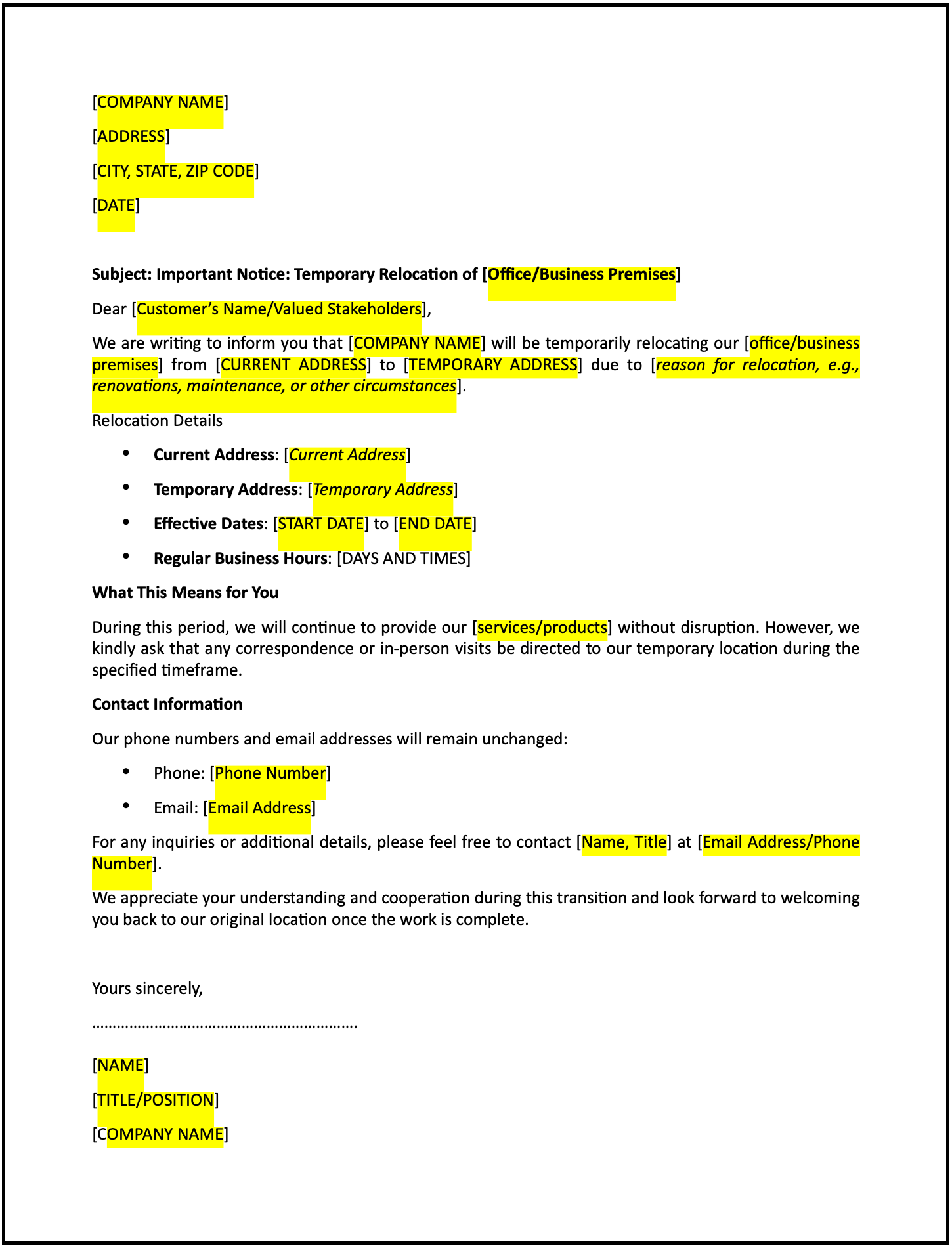 Letter of temporary relocation of office or business premises: Free ...