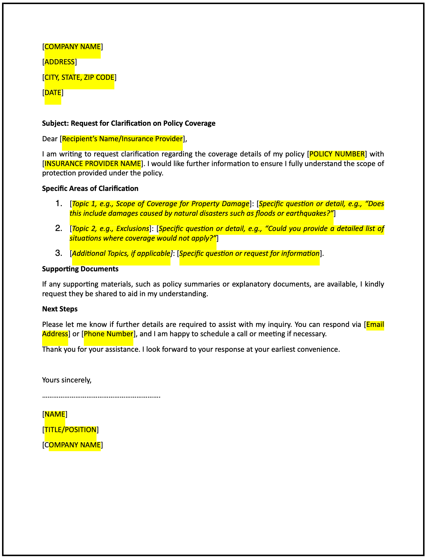 Request for clarification on policy coverage letter: Free template