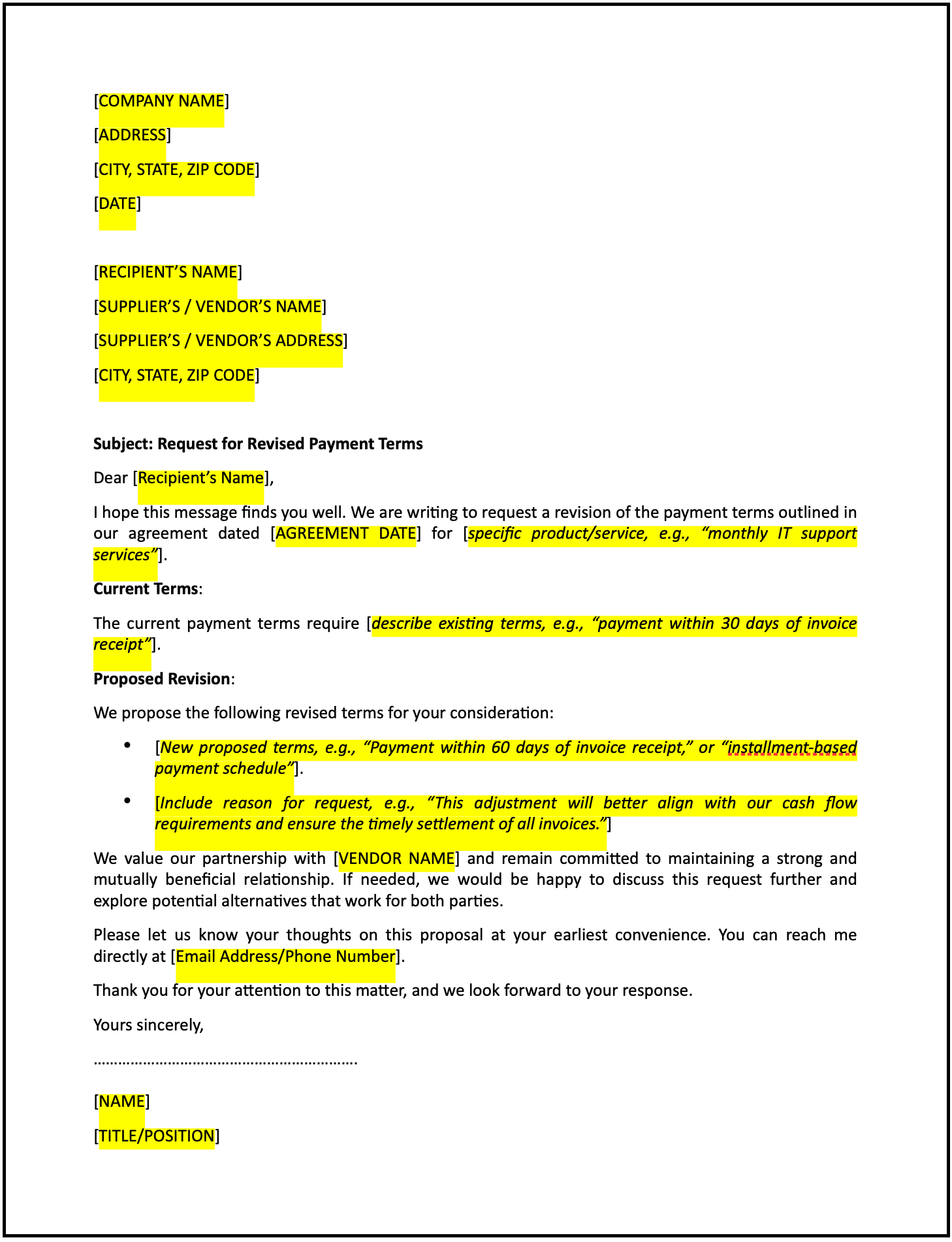 Letter of request for revised payment terms: Free template