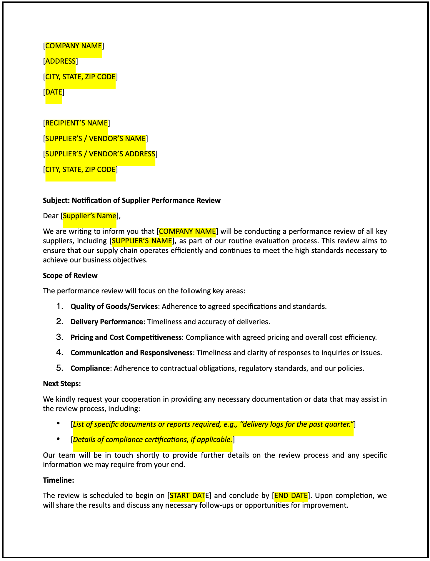 Notification letter of supplier performance review: Free template