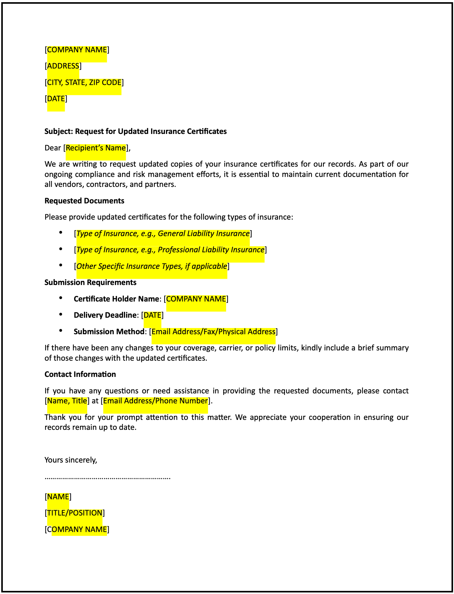 Request for updated insurance certificates letter: Free template